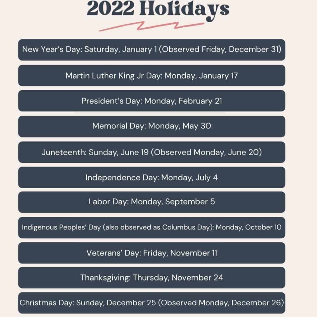 2022 Holidays: List Of 2022 U.S. Federal Holidays