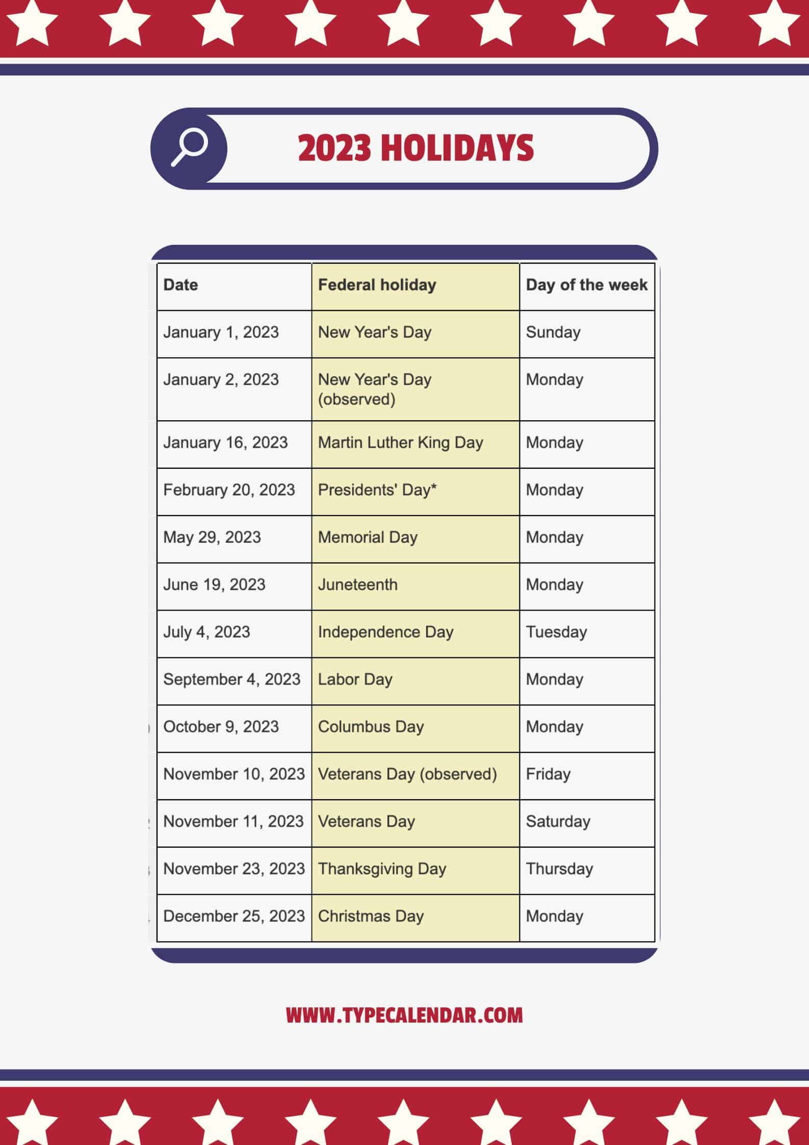 2023 Holidays List Of 2023 U S Federal Holidays