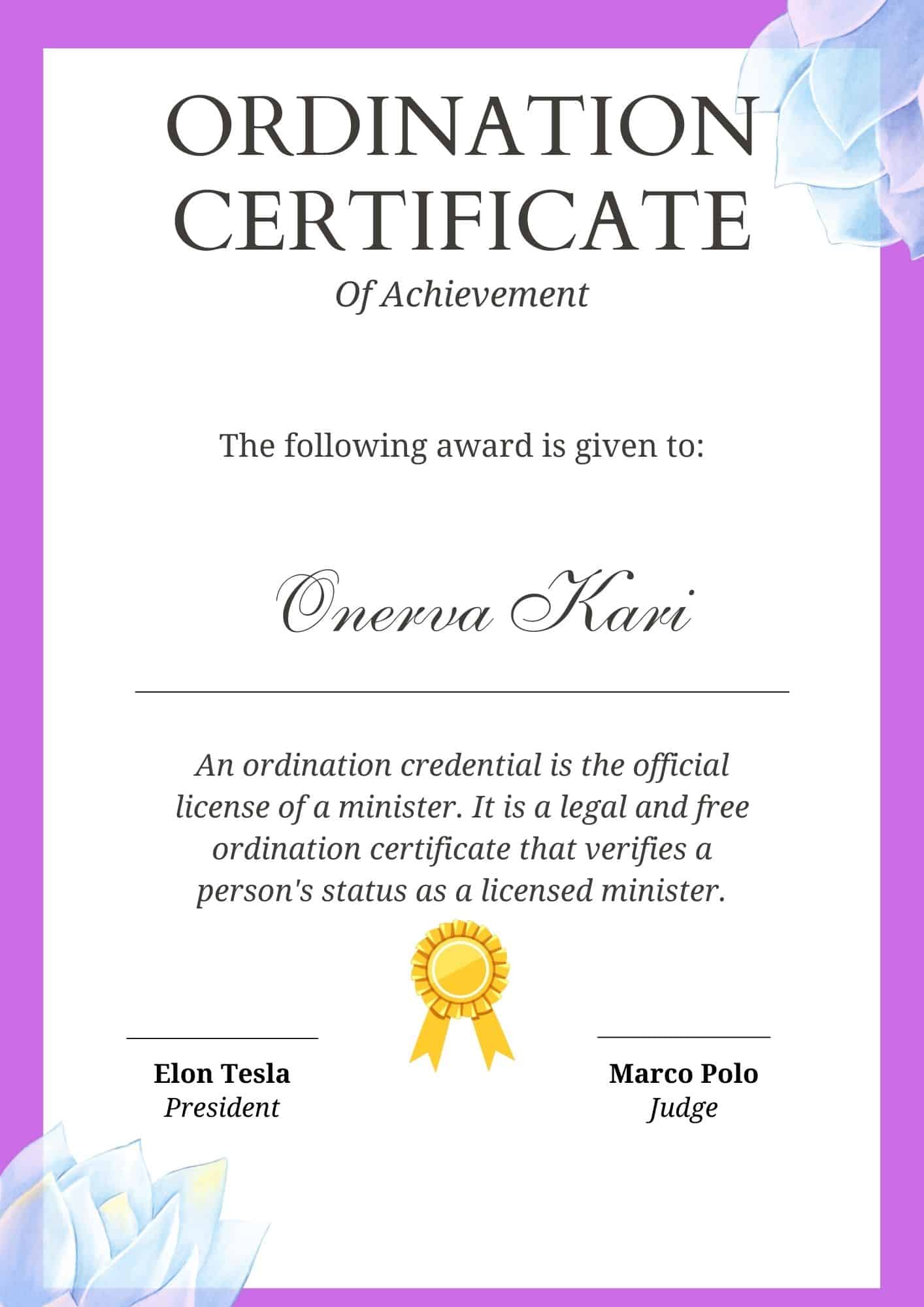 Free Printable Ordination Certificate Templates Minister Deacon 