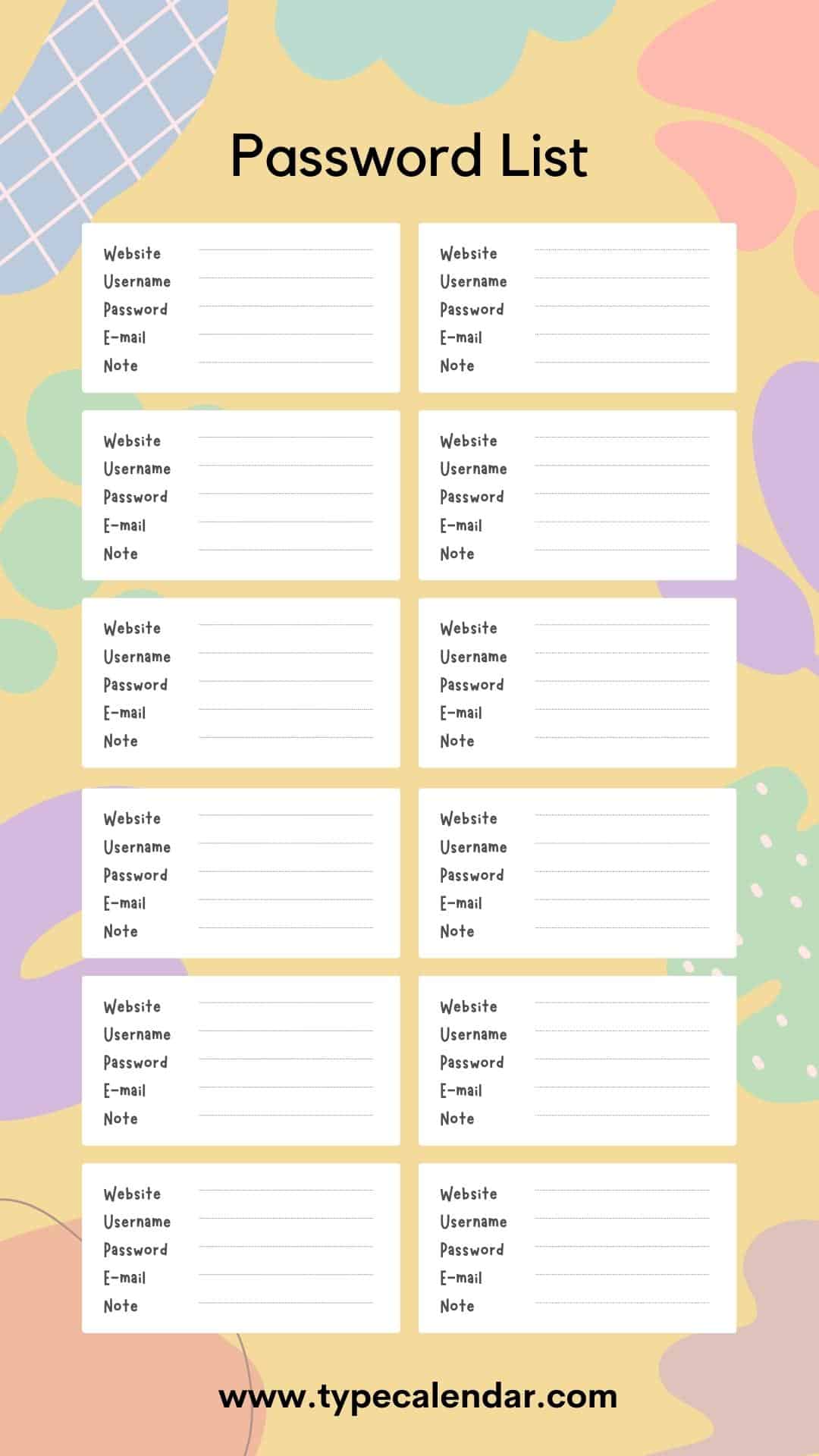 Free Printable Password List Template Never Forget A Password Again 