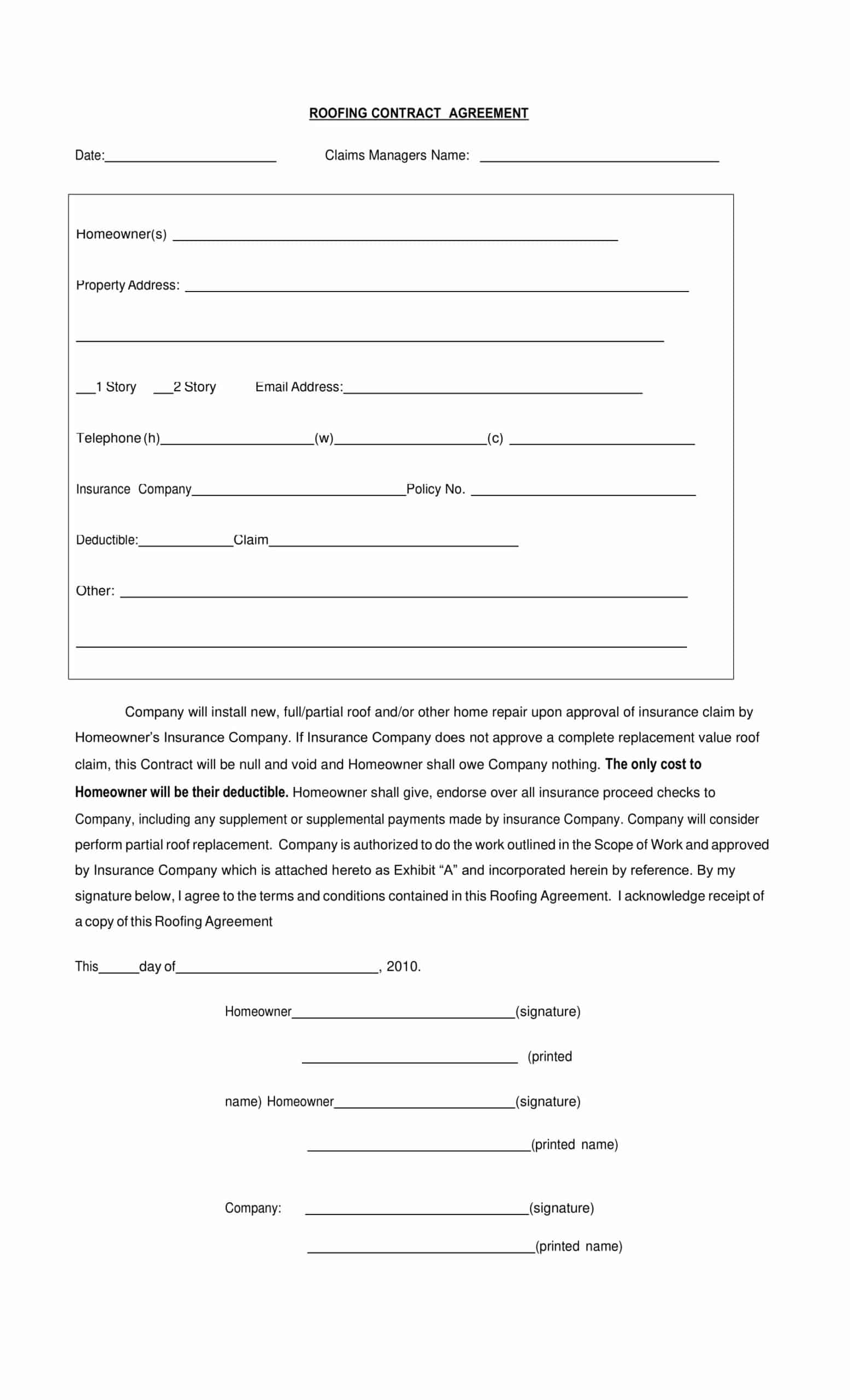 Free Printable Roofing Contract Template PDF Excel Word Examples