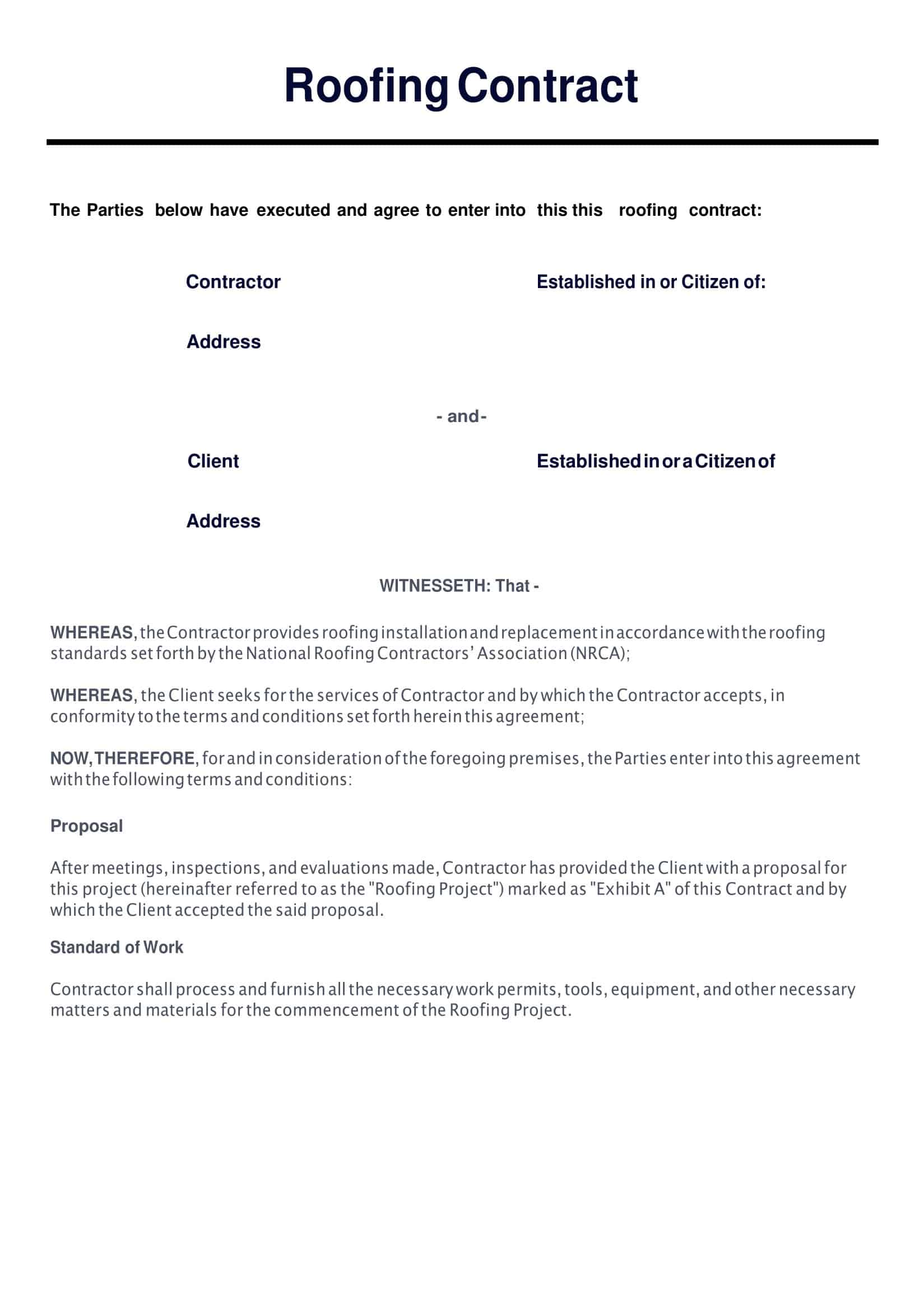 Free Printable Roofing Contract Template PDF Excel Word Examples