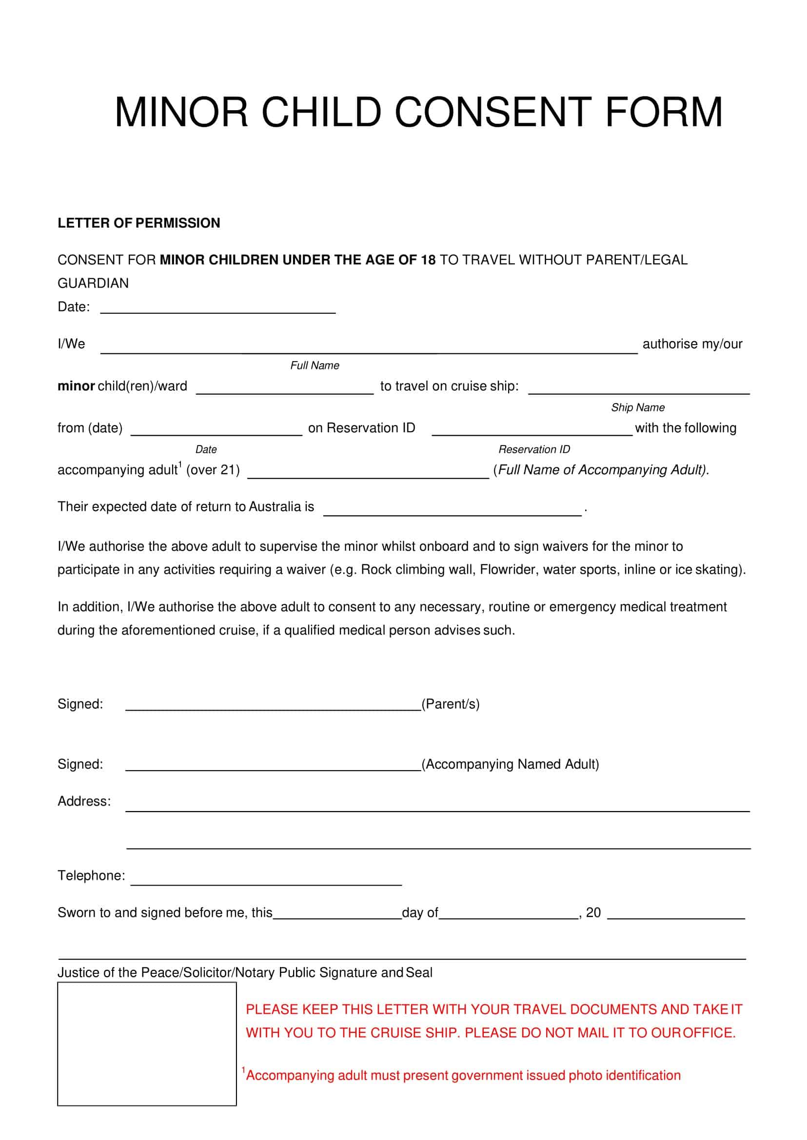 Free Printable Minor Child Travel Consent Form Templates Word PDF 
