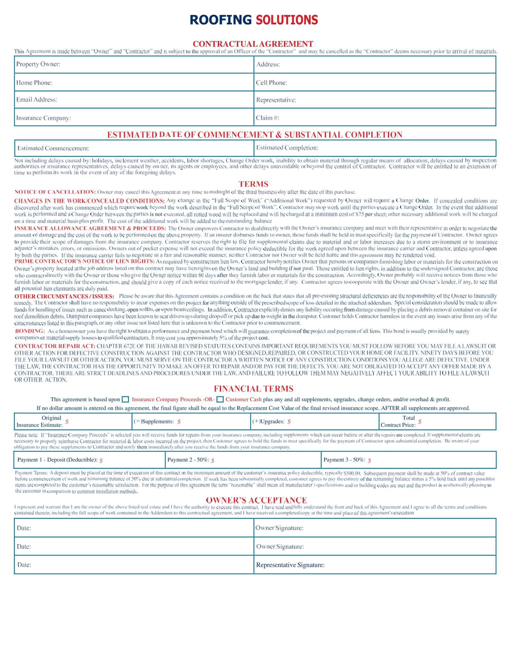 Free Printable Roofing Contract Template PDF Excel Word Examples