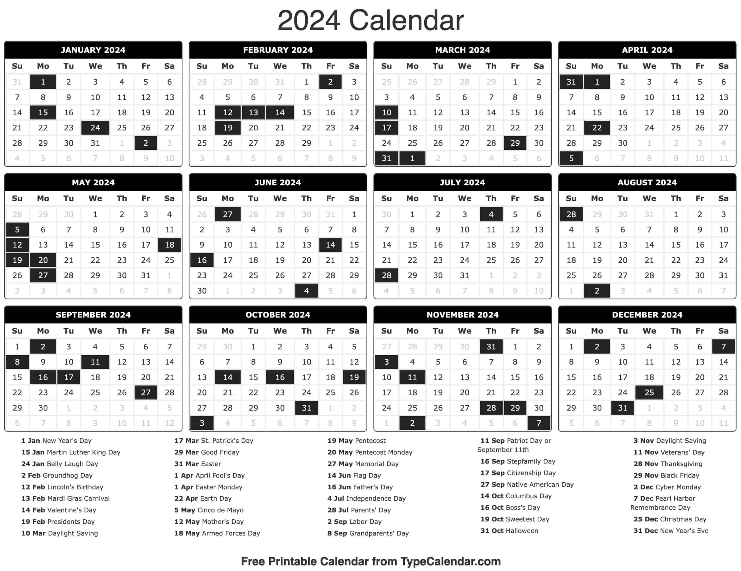 2024 Calendar Free Printable Calendar With Holidays