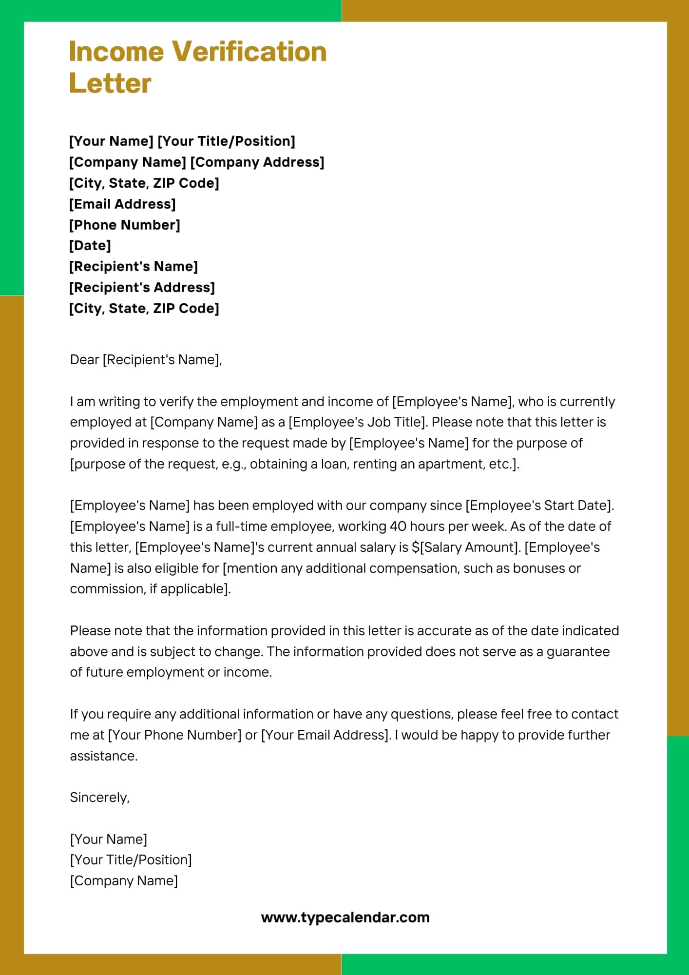 Free Printable Income Verification Letter Template PDF 