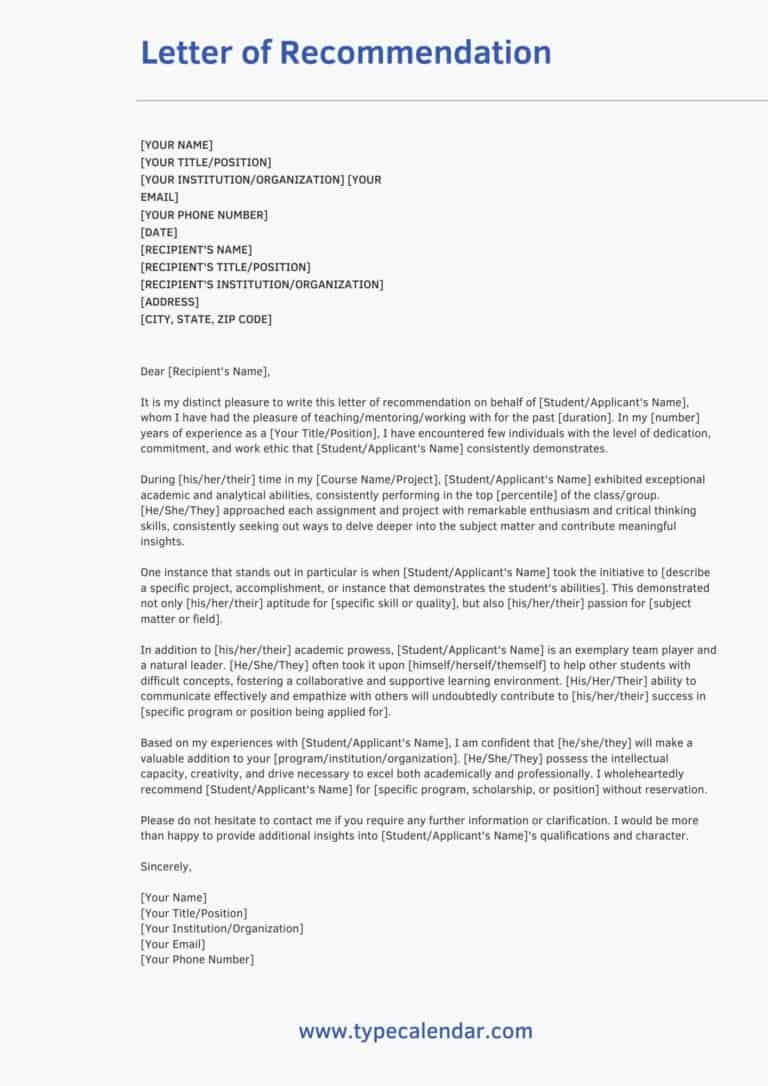 Free Printable Letter Of Recommendation Templates Student Employee 