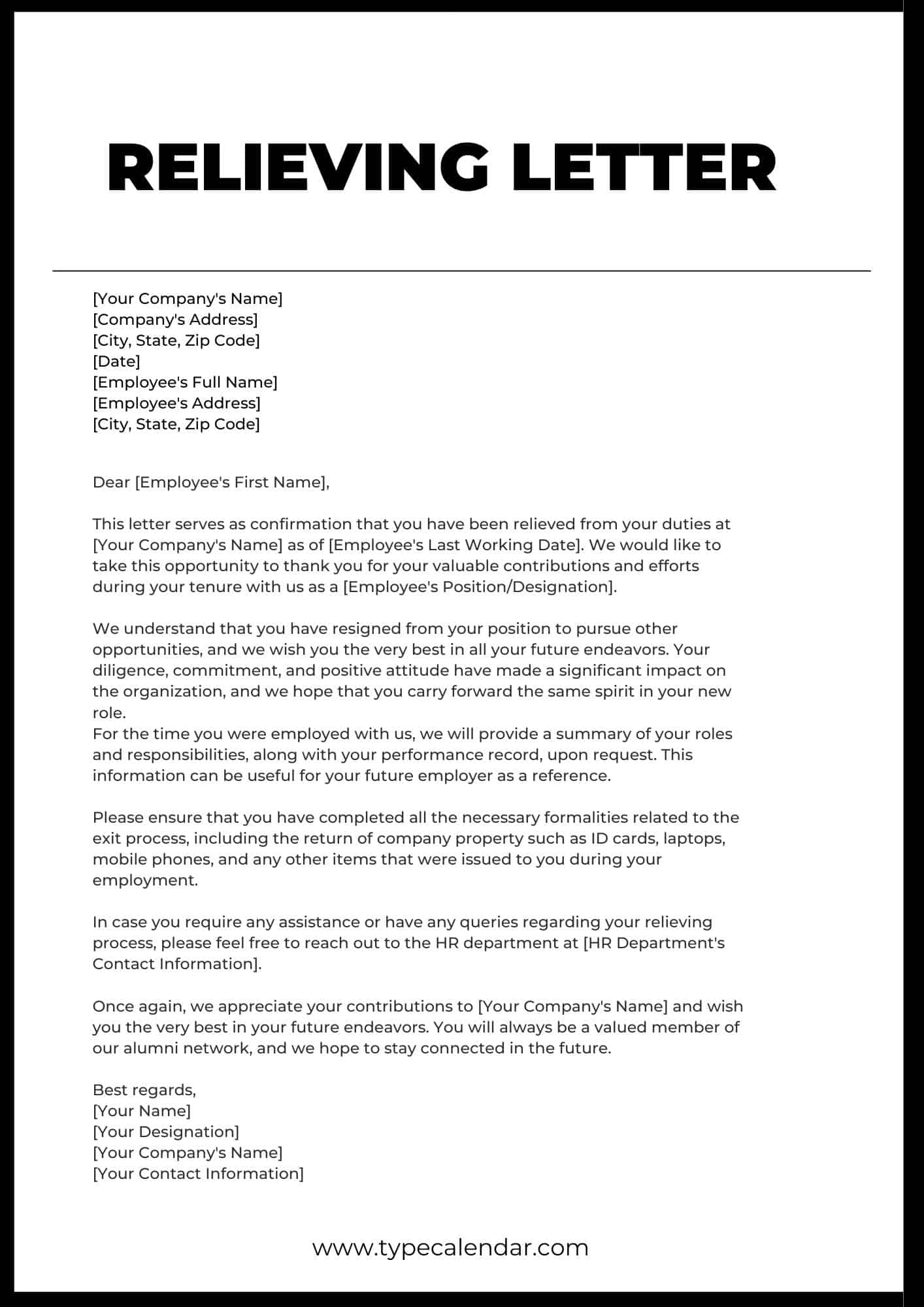 Free Printable Relieving Letter Templates Employer Employee 