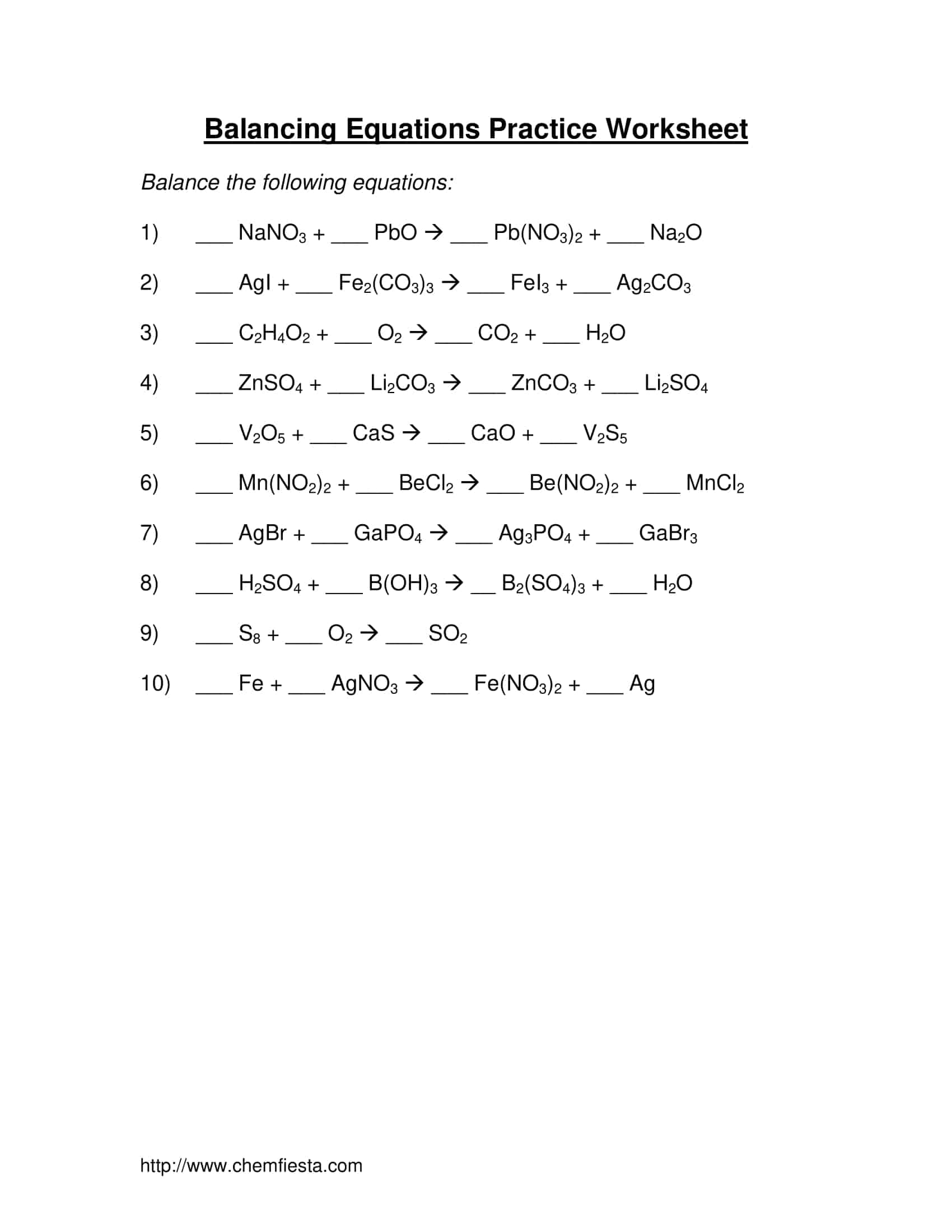 Free Balancing Chemical Equations Worksheet PDF With Answers Free Balancing Chemical Equations Worksheet PDF With Answers