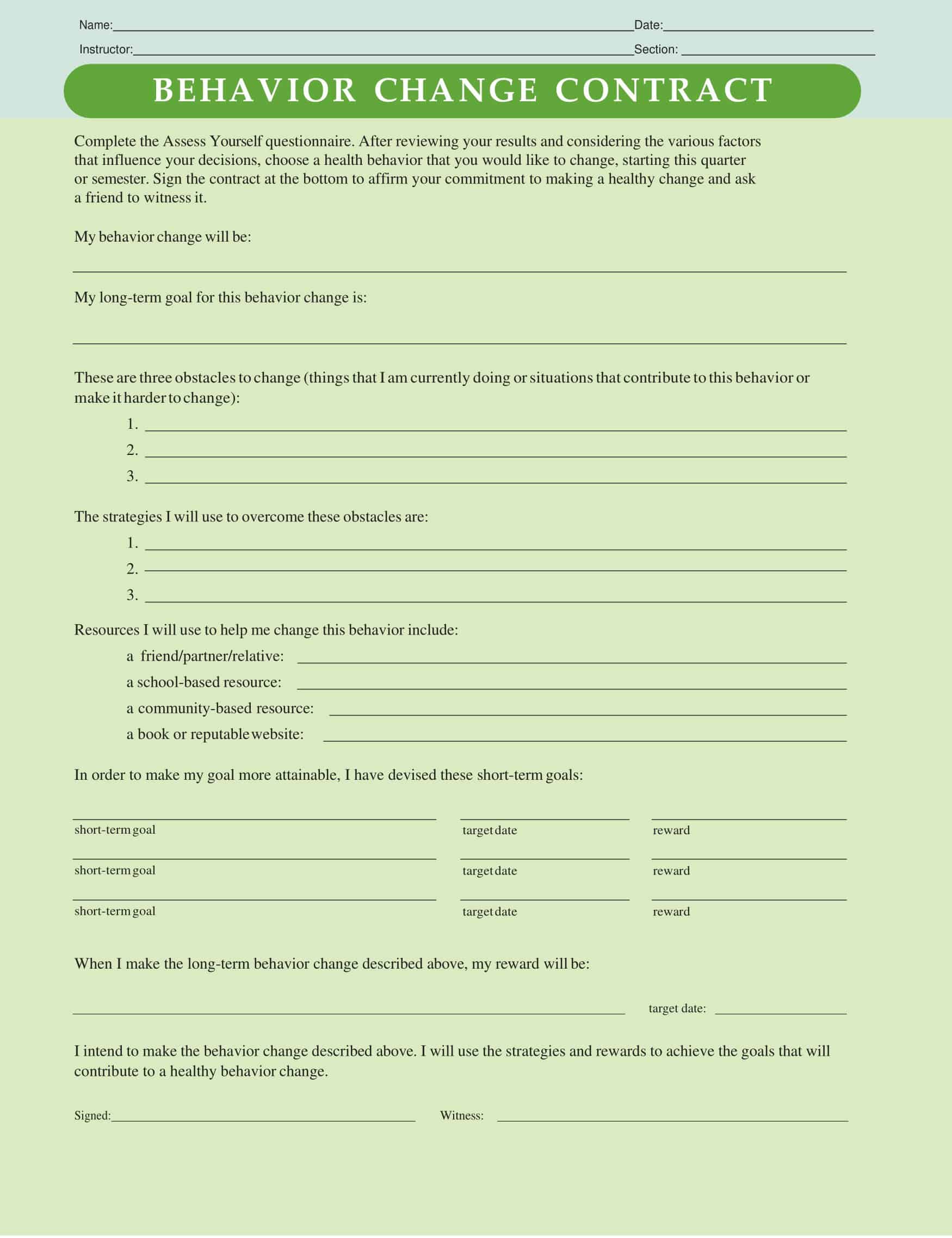 Free Printable Behavior Contract Templates PDF Word Home Adults