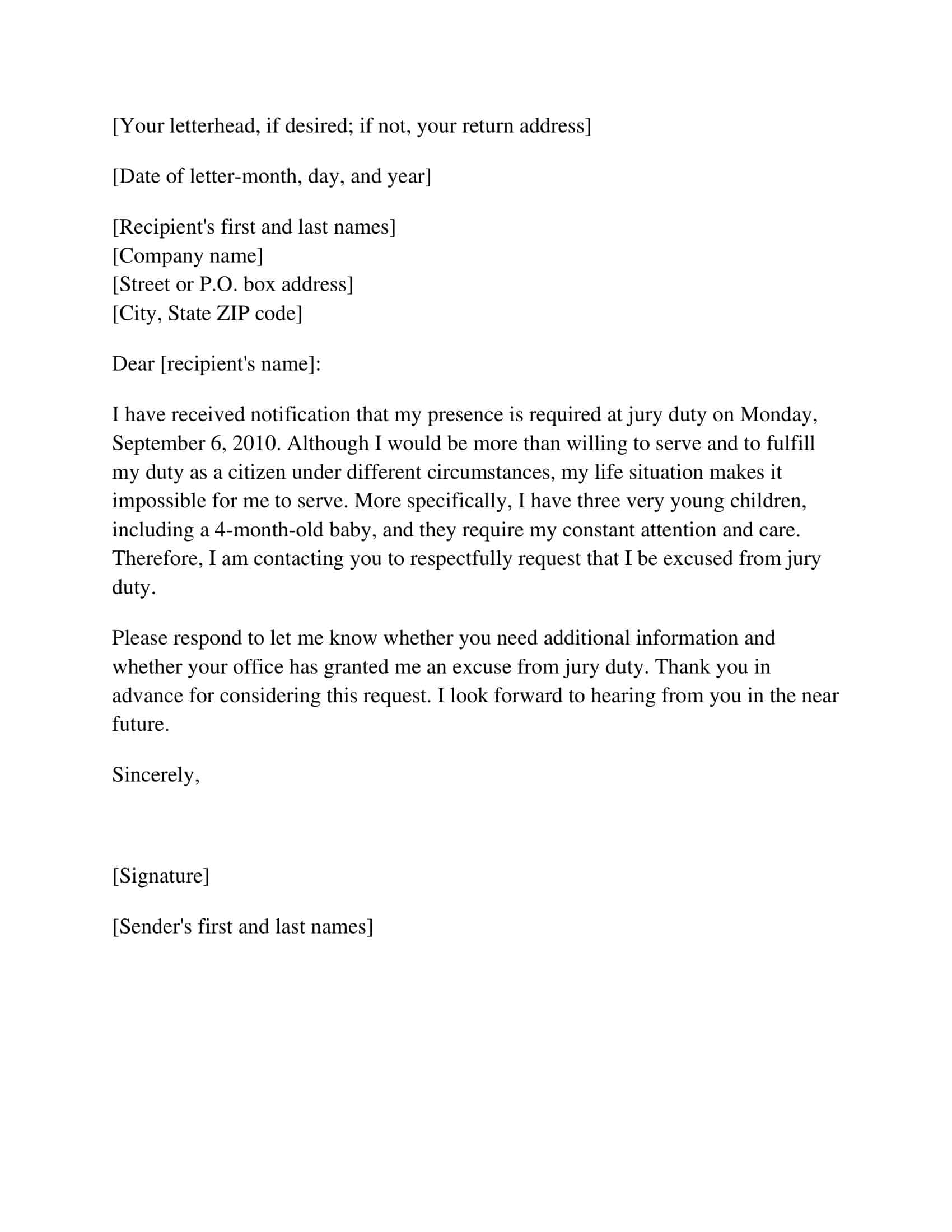 Free Printable Jury Duty Excuse Letter Template Download Form PDF