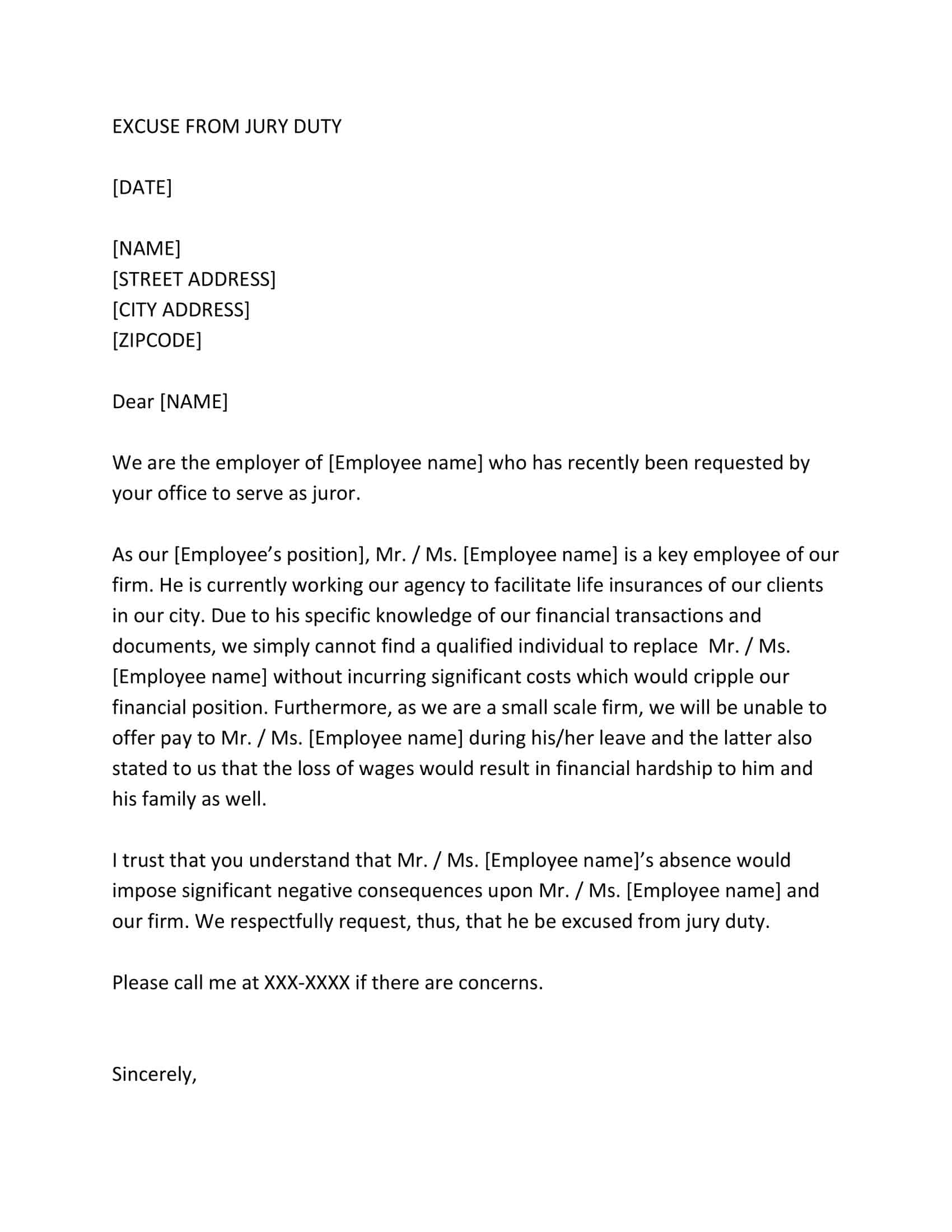 Free Printable Jury Duty Excuse Letter Template Download Form PDF