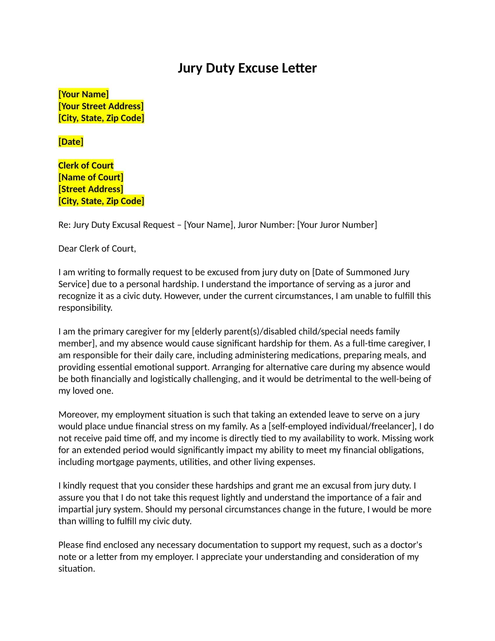 Free Printable Jury Duty Excuse Letter Templates PDF Employer Doctor