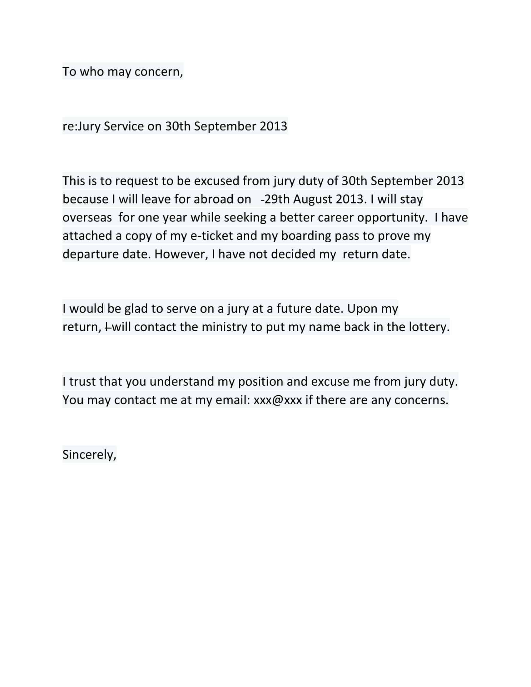 Free Printable Jury Duty Excuse Letter Templates PDF Employer Doctor