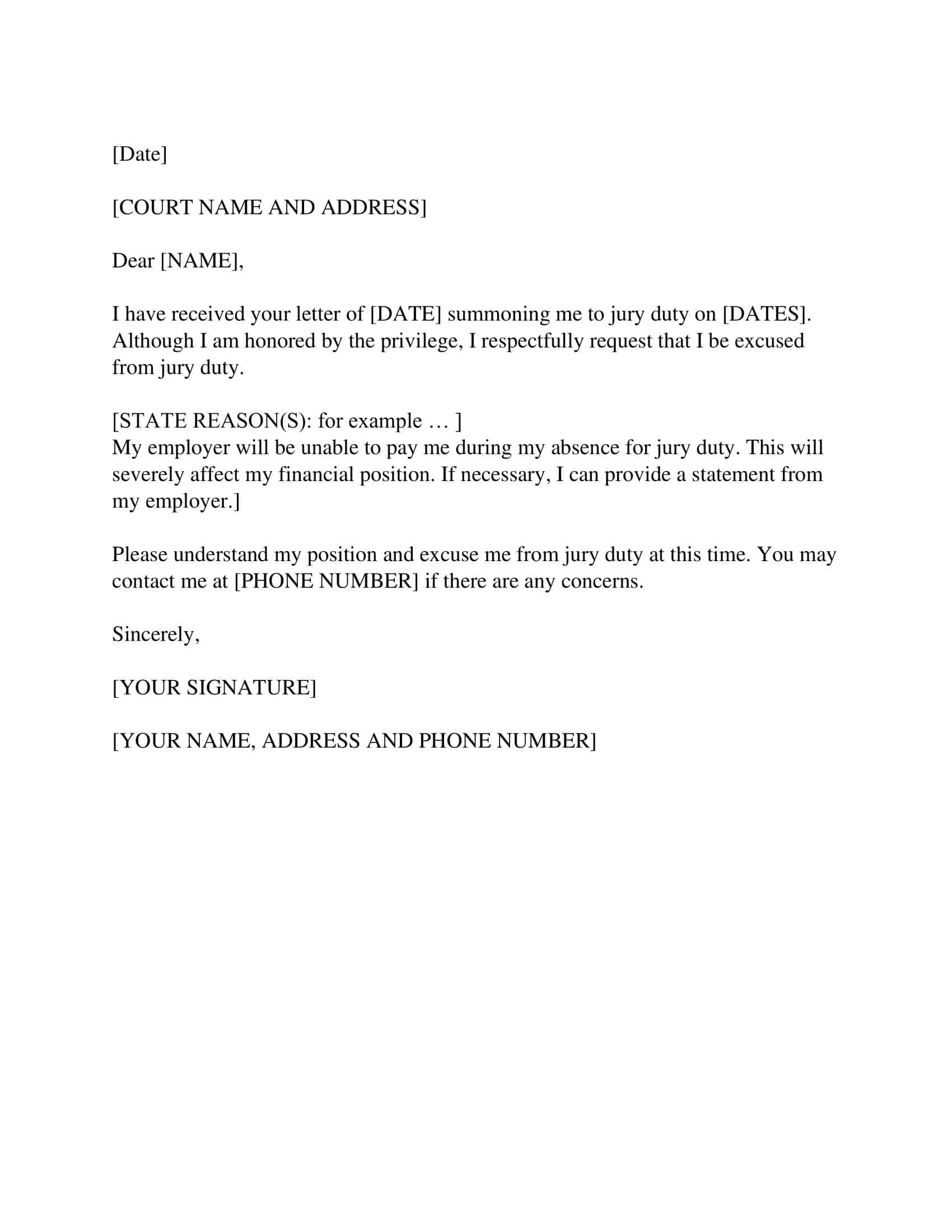Free Printable Jury Duty Excuse Letter Template Download Form PDF