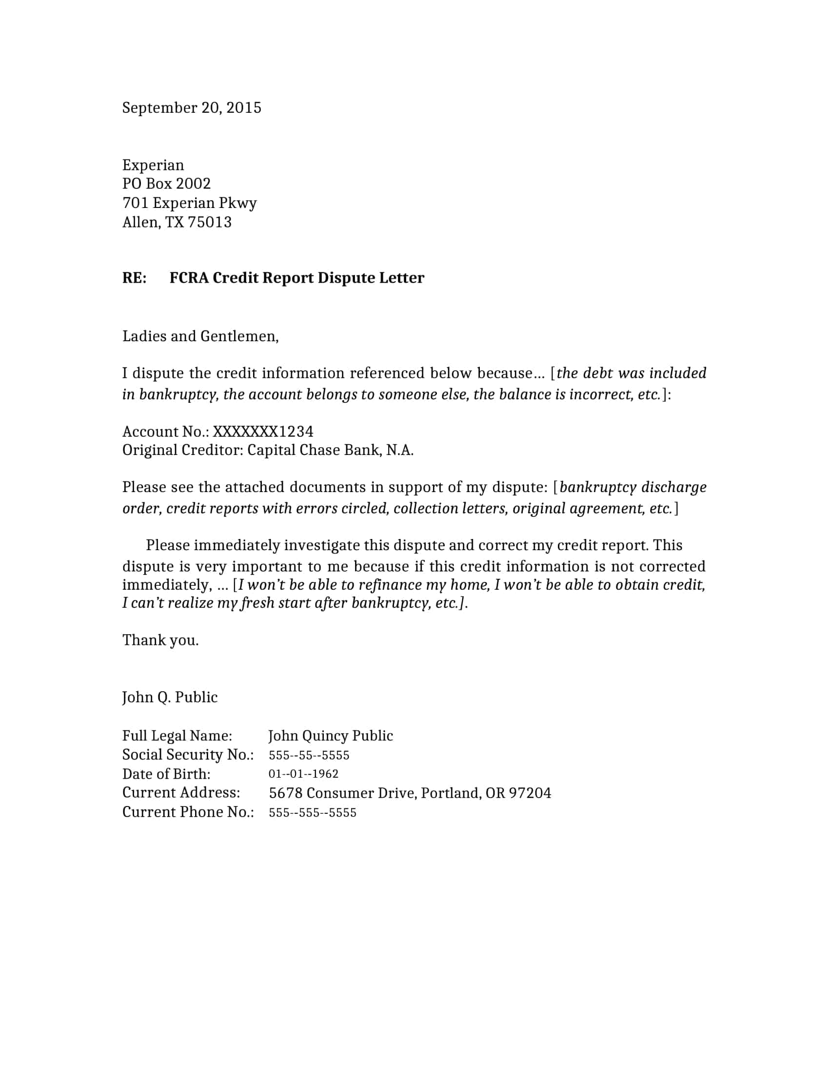 Free Printable Credit Dispute Letter Templates Form 609 PDF Word 