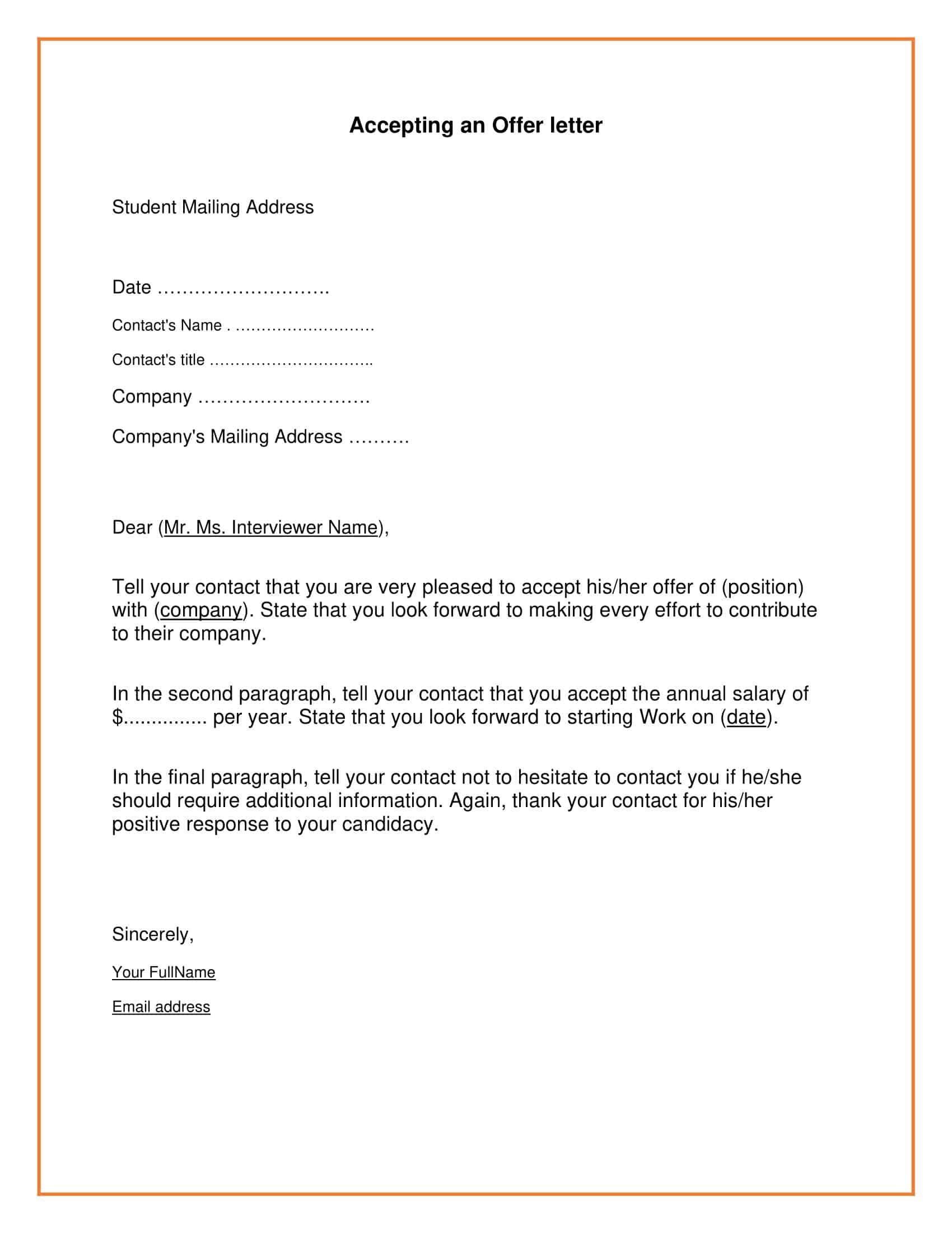 Free Printable Job Offer Acceptance Letter Templates PDF Sample