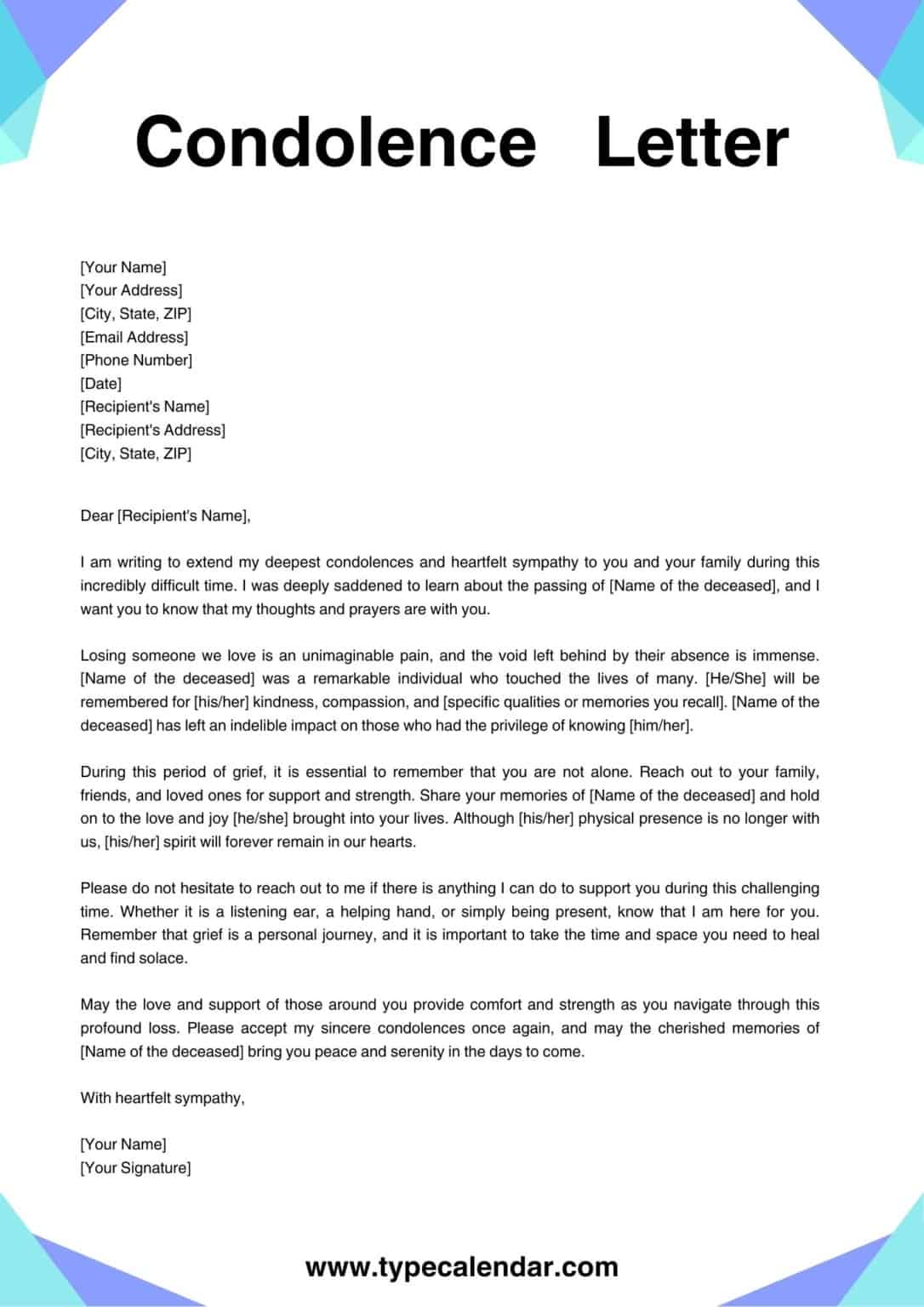 Free Printable Condolence Sympathy Letter Templates PDF Sample