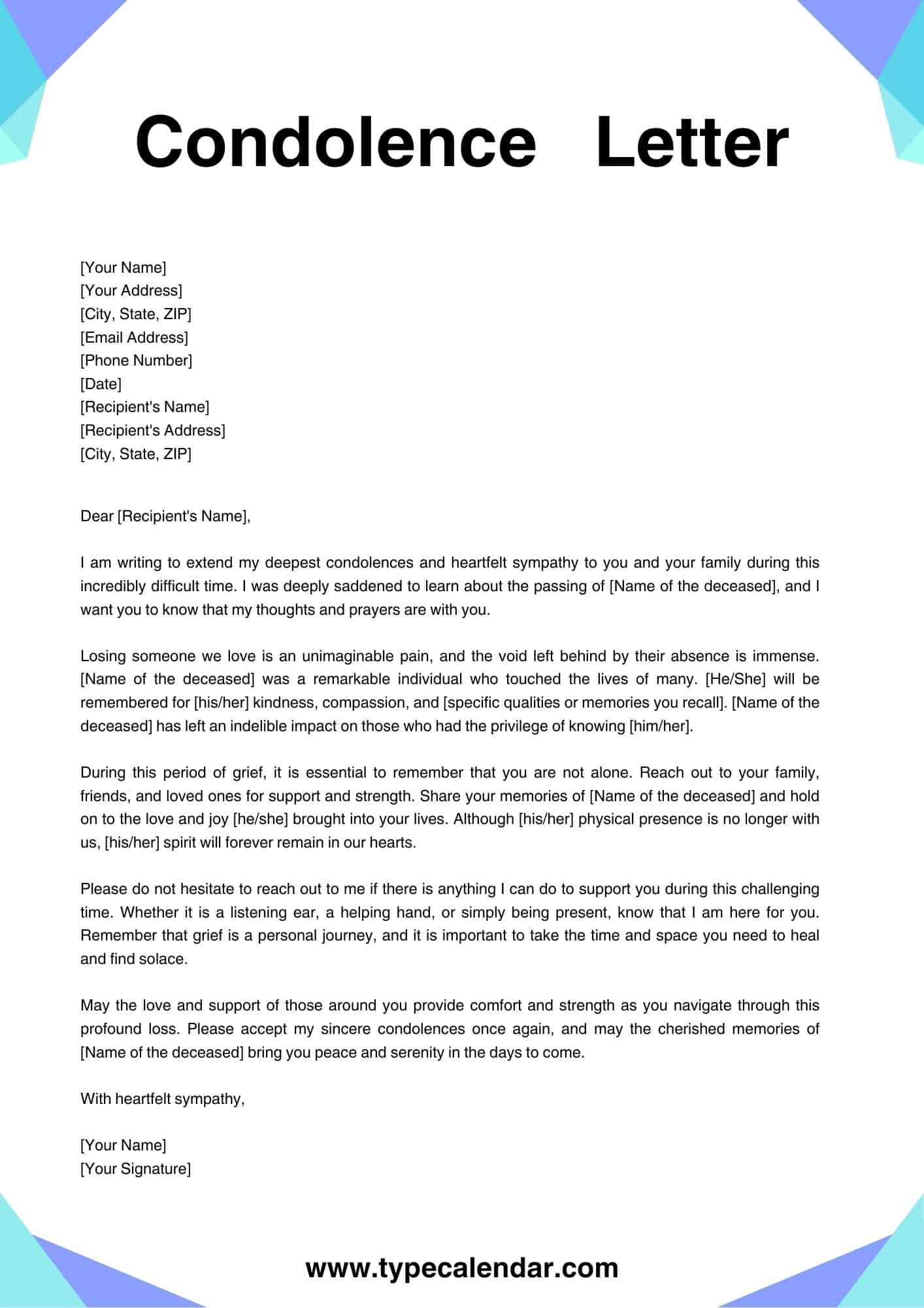 Bereavement Letter Holiday