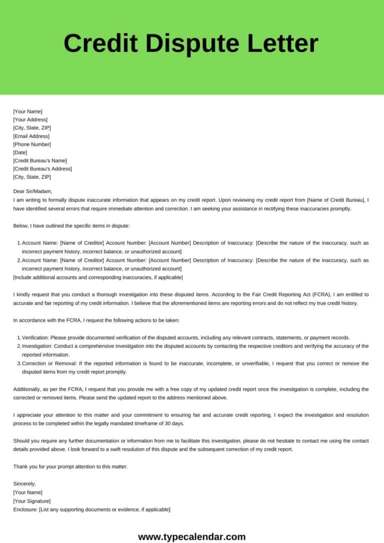 Free Printable Credit Dispute Letter Templates Form 609 PDF Word 