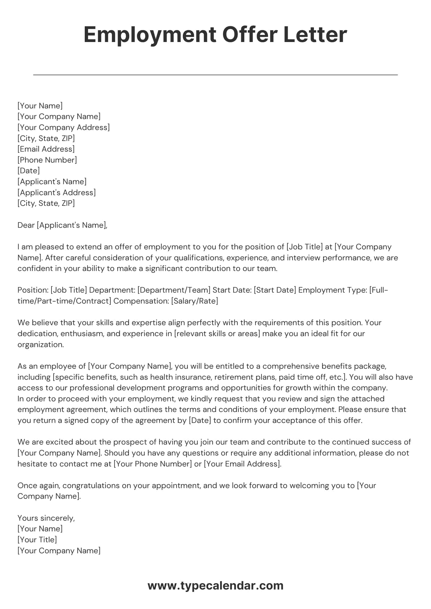 Free Printable Employment Offer Letter Templates PDF Word 
