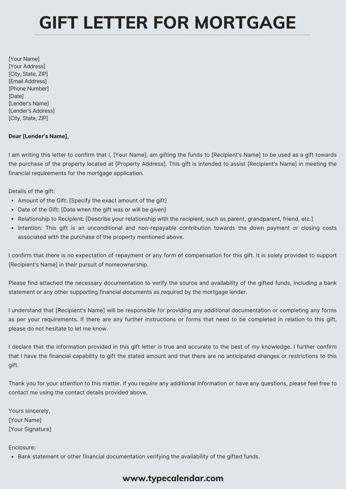 Free Printable Gift Letter Templates Car Boat Mortgage PDF Word 
