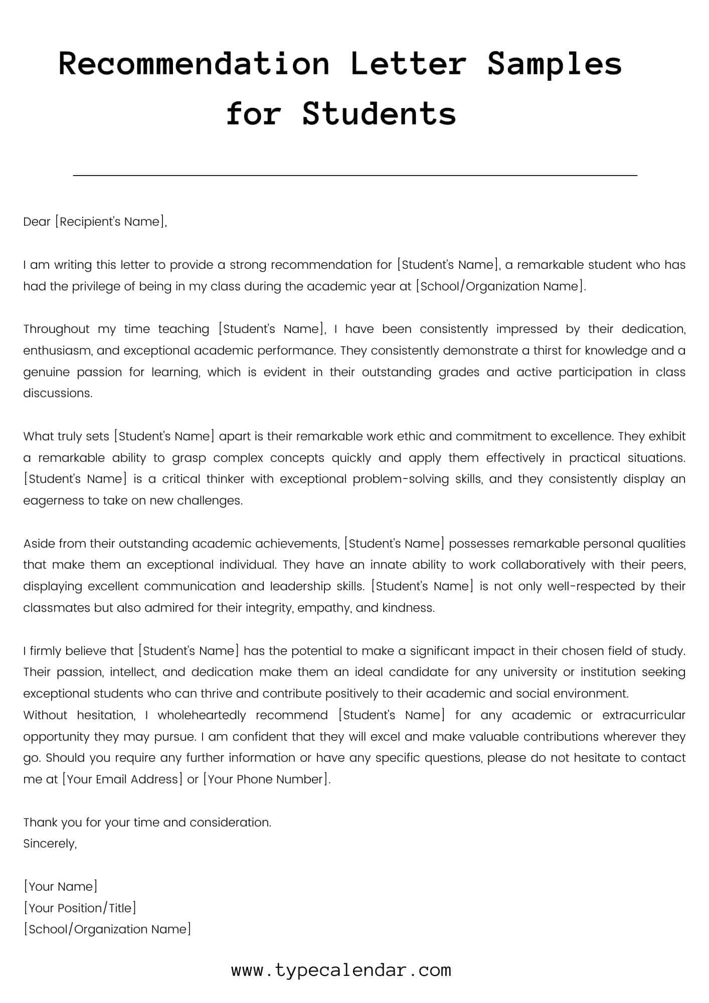 Academic Recommendation Letter For Scholarship