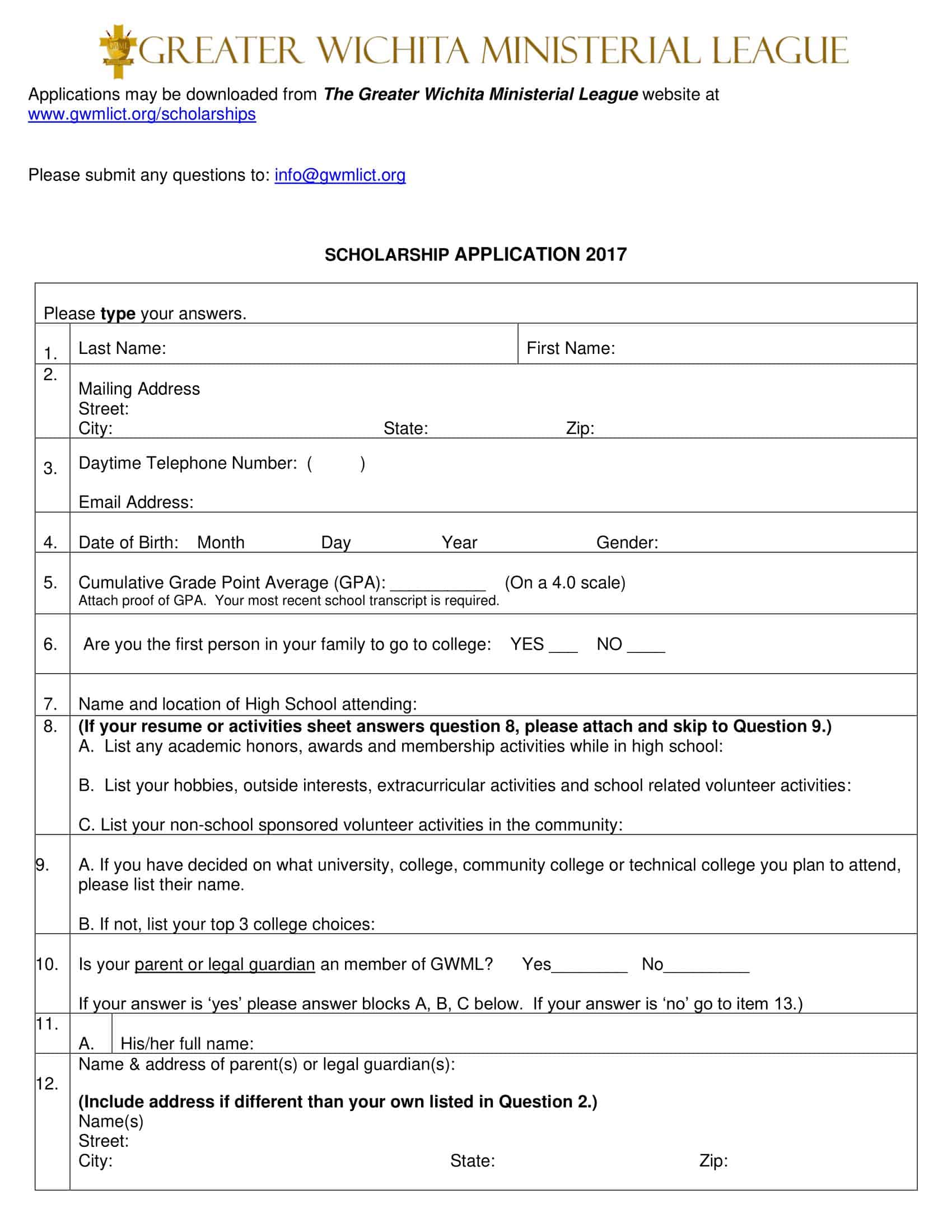 Sample Scholarship Application Form