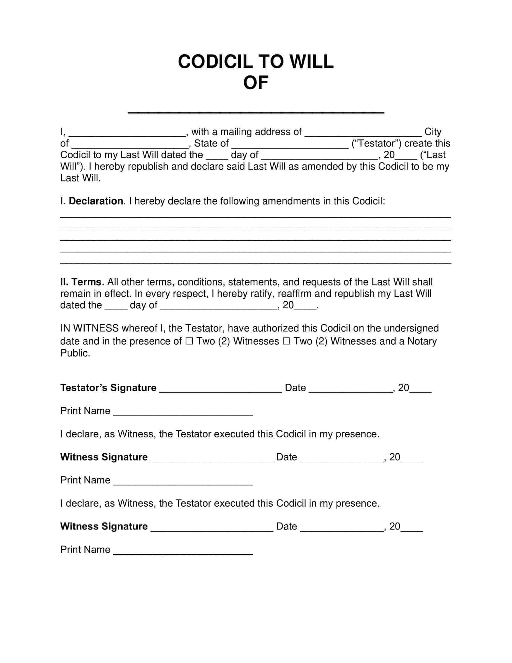 Free Printable Codicil To Will Templates PDF Word Form
