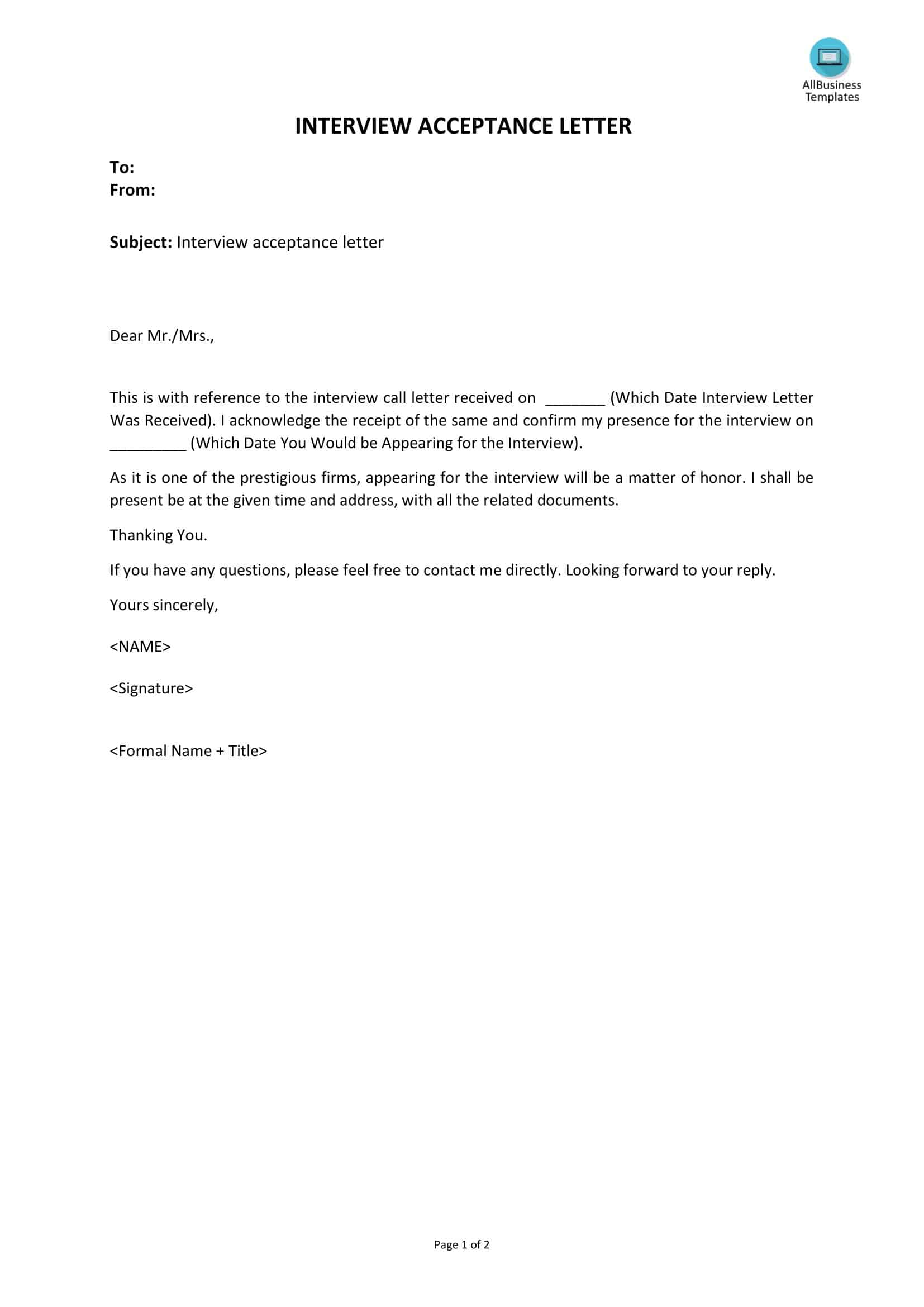Free Printable Interview Acceptance Email Templates Reply Sample