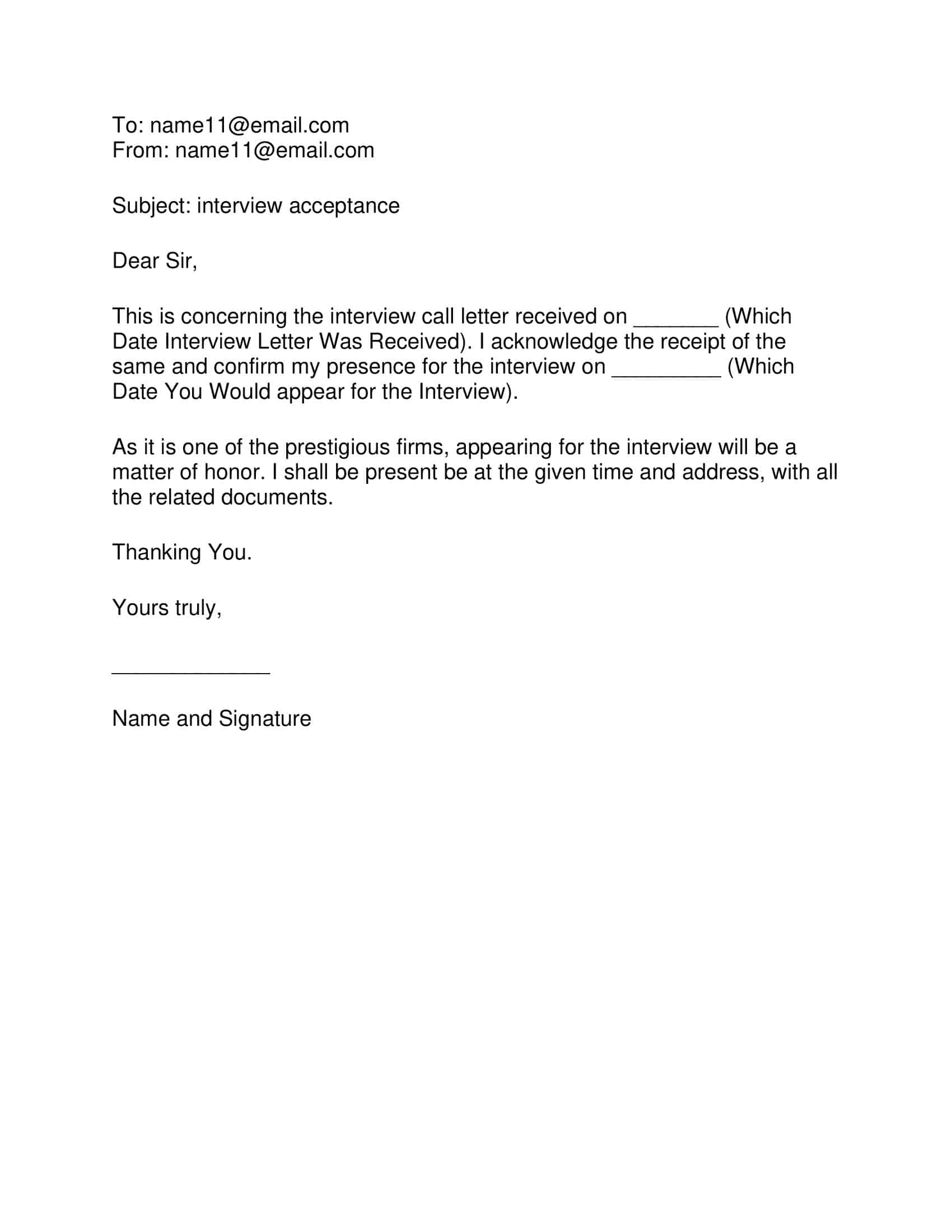 Free Printable Interview Acceptance Email Templates Reply Sample