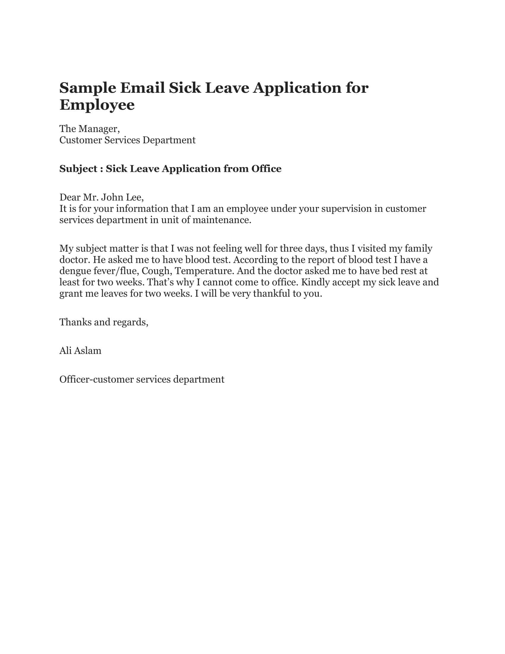 Free Printable Sick Leave Email Templates For Office One Day Example 