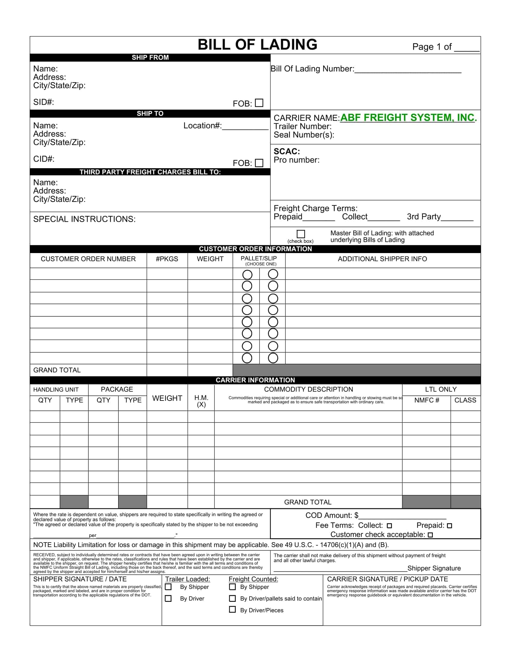 Free Printable Bill Of Lading Templates Excel Word PDF 