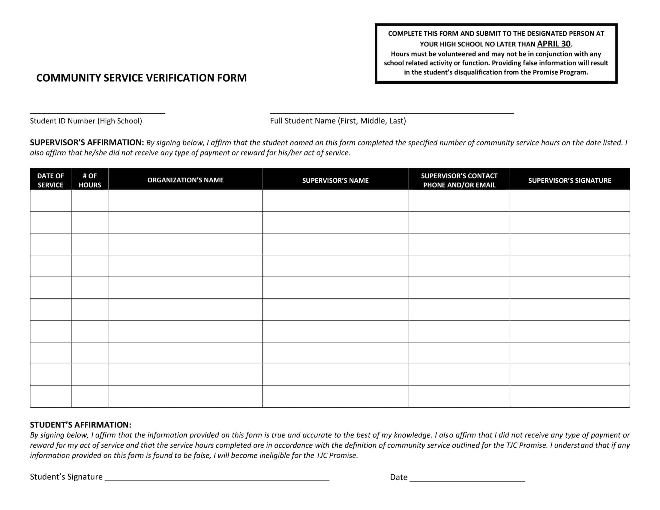 Free Printable Community Service Form Templates Word PDF 