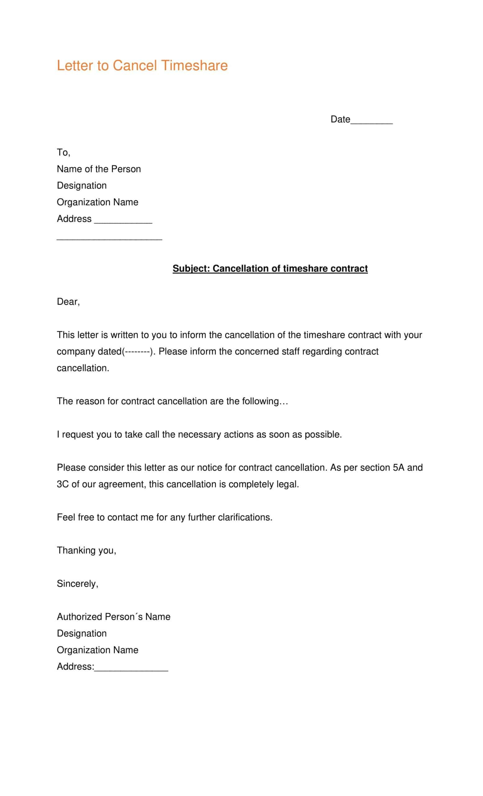 Free Printable Timeshare Cancellation Letter Template PDF Word 
