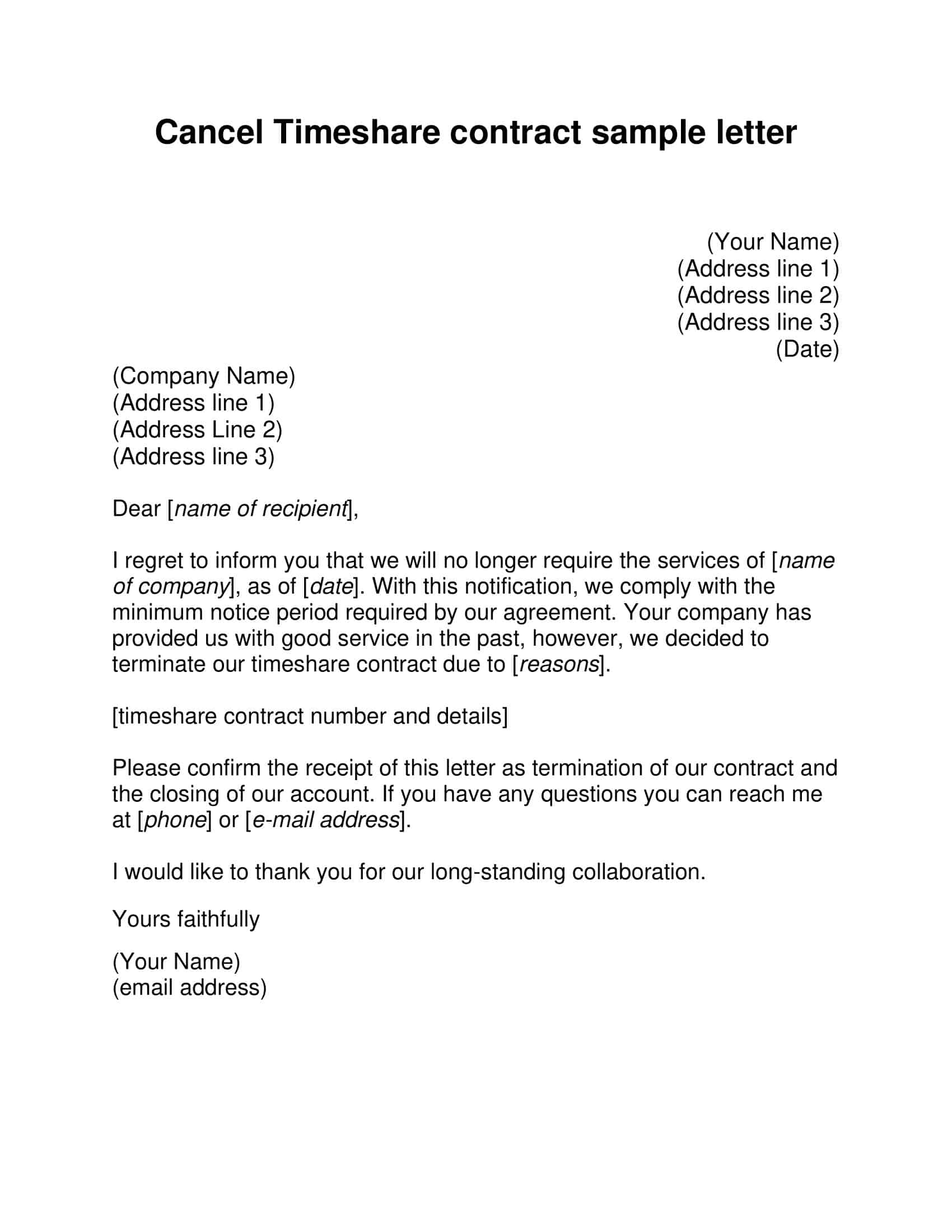 Free Printable Timeshare Cancellation Letter Template PDF Word 