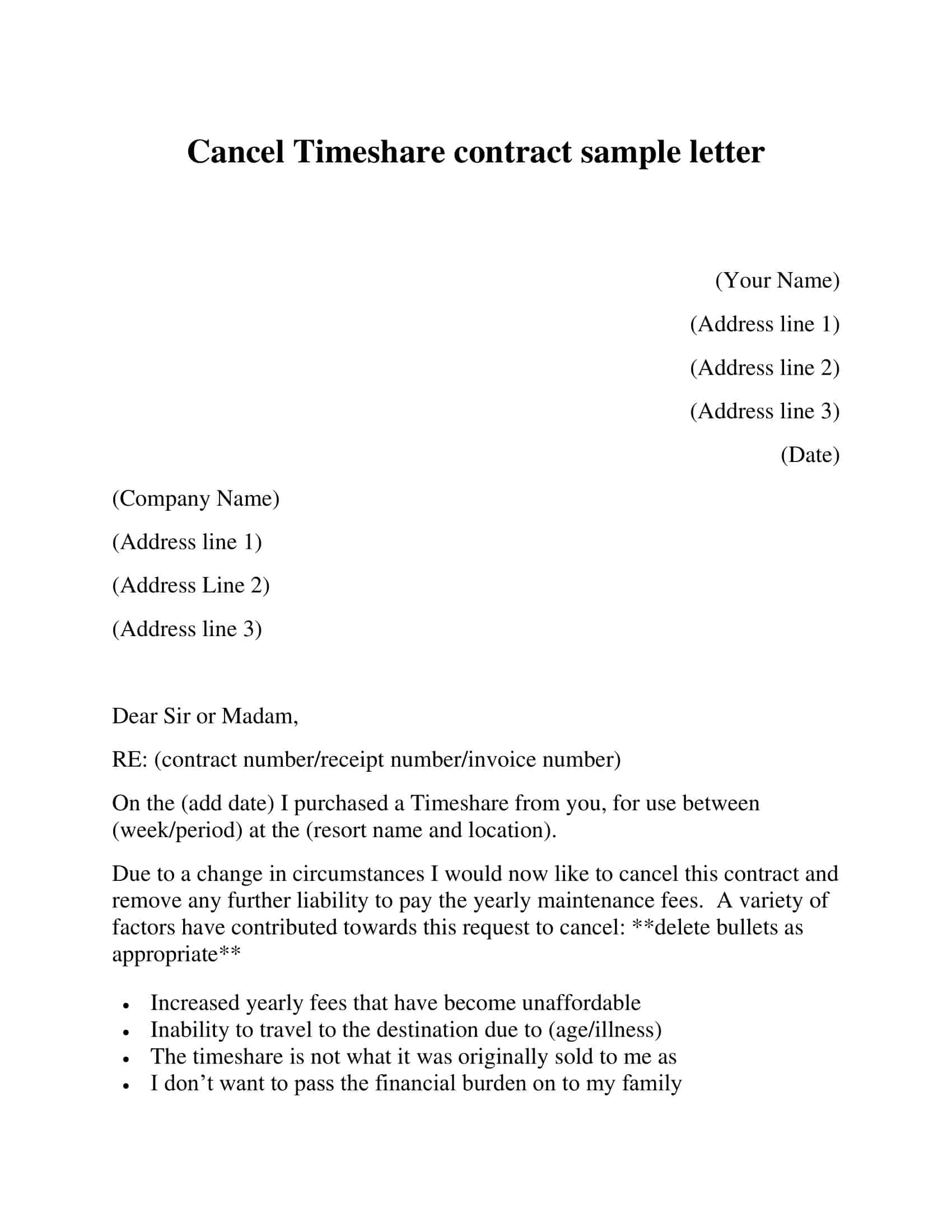 Free Printable Timeshare Cancellation Letter Template PDF Word 