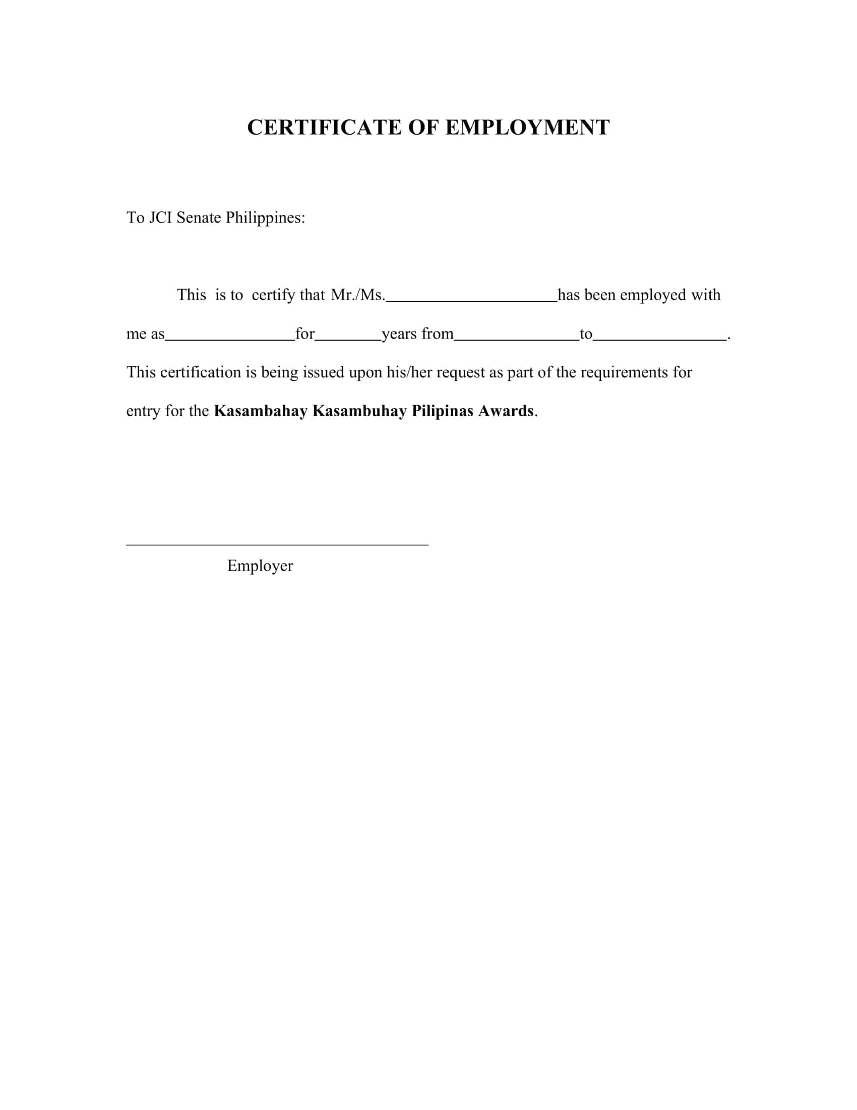 Free Printable Certificate Of Employment Templates PDF Word Free Printable Certificate Of Employment Templates PDF Word