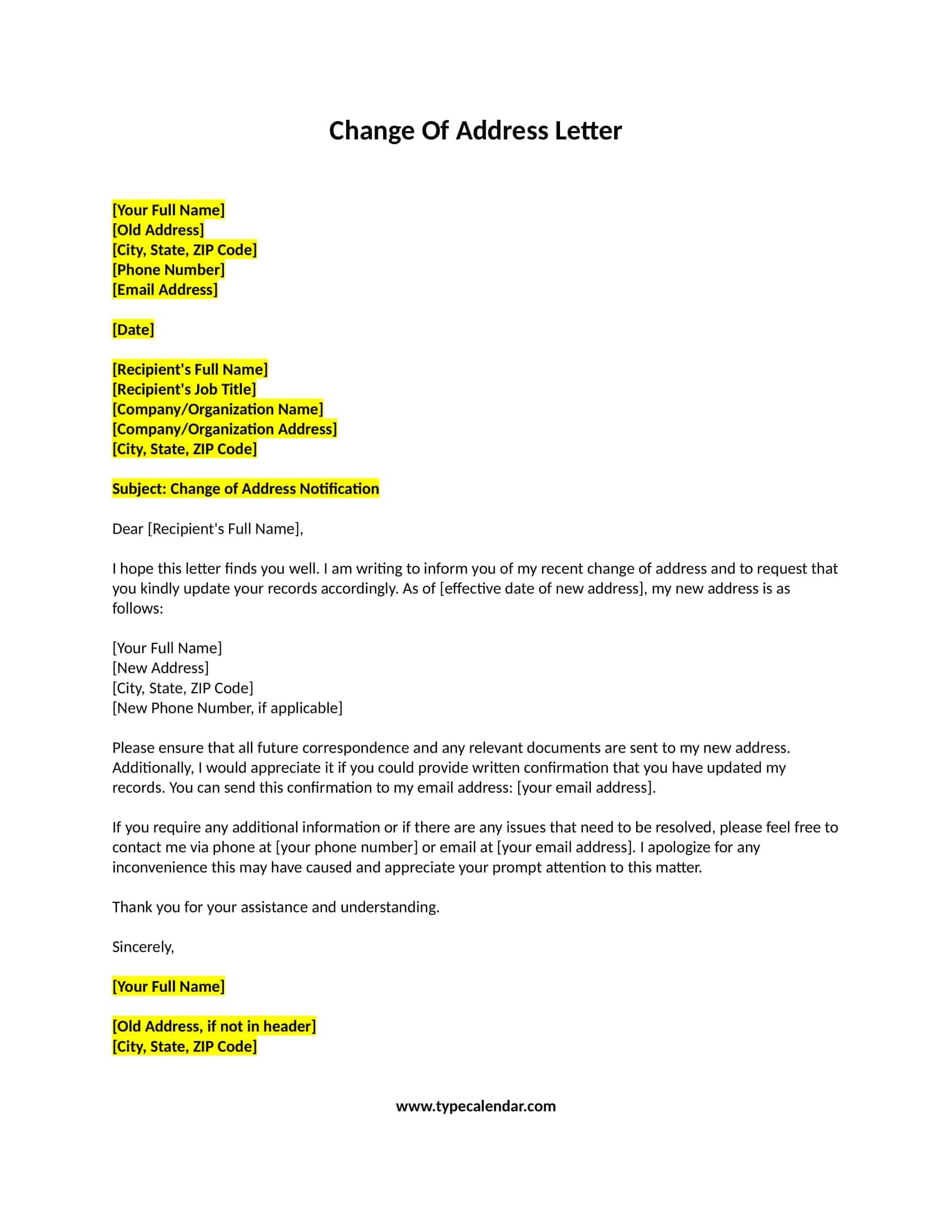 Free Printable Change Of Address Letter Templates PDF Word Business