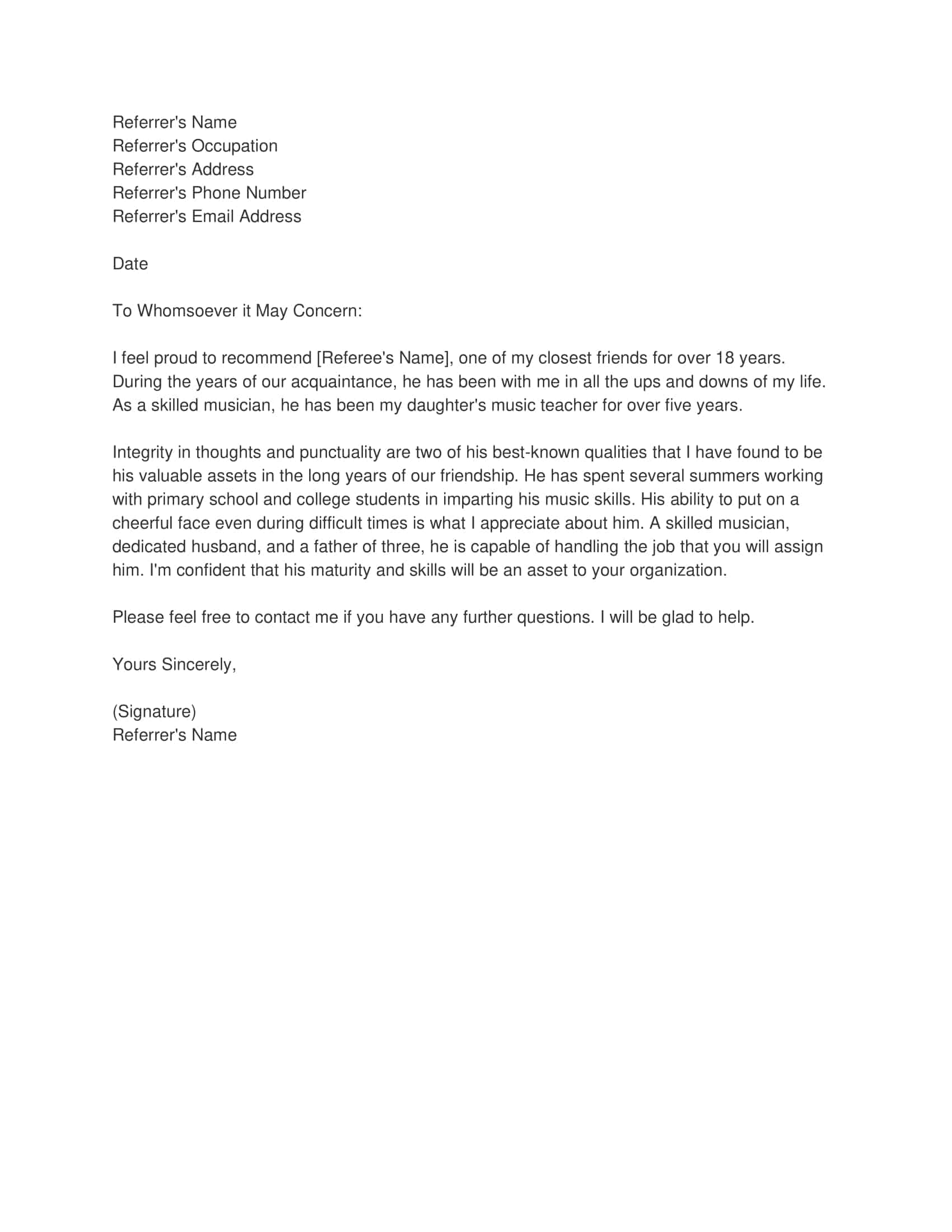 Free Printable Personal Character Reference Letter Templates PDF 
