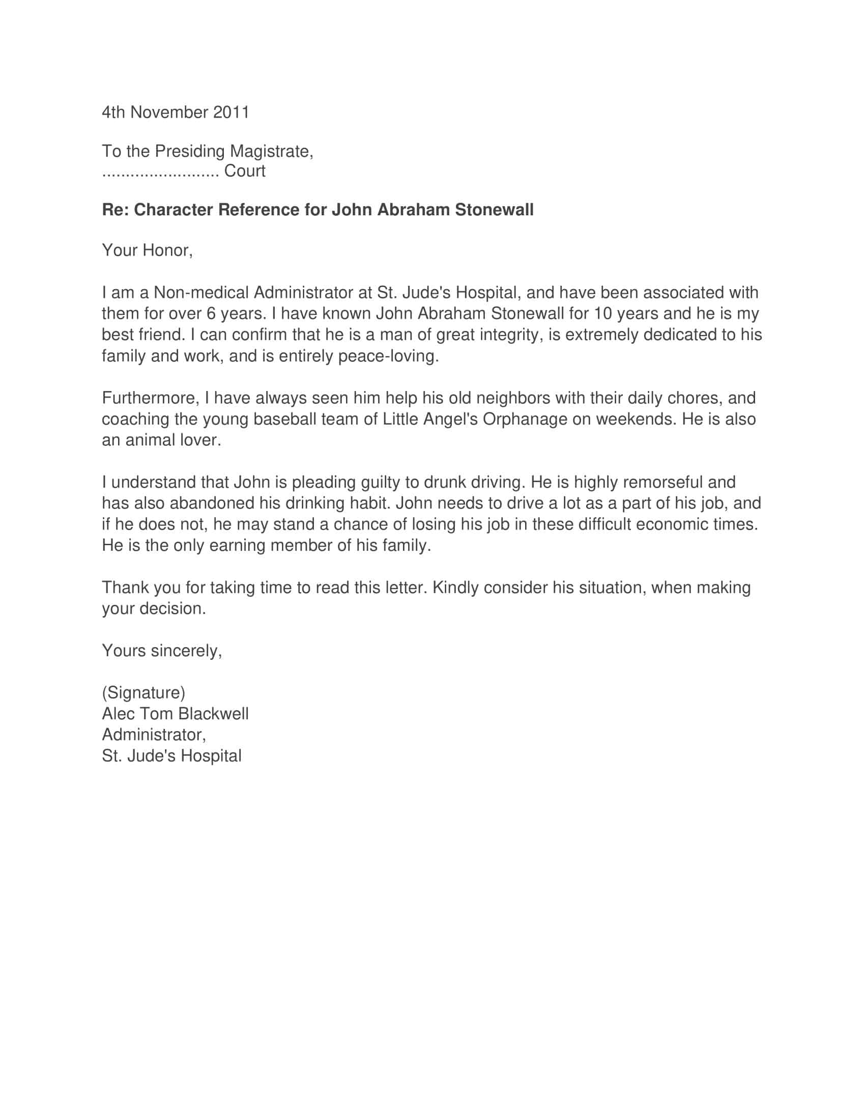 Free Printable Character Witness Letter Templates PDF Court Judge 