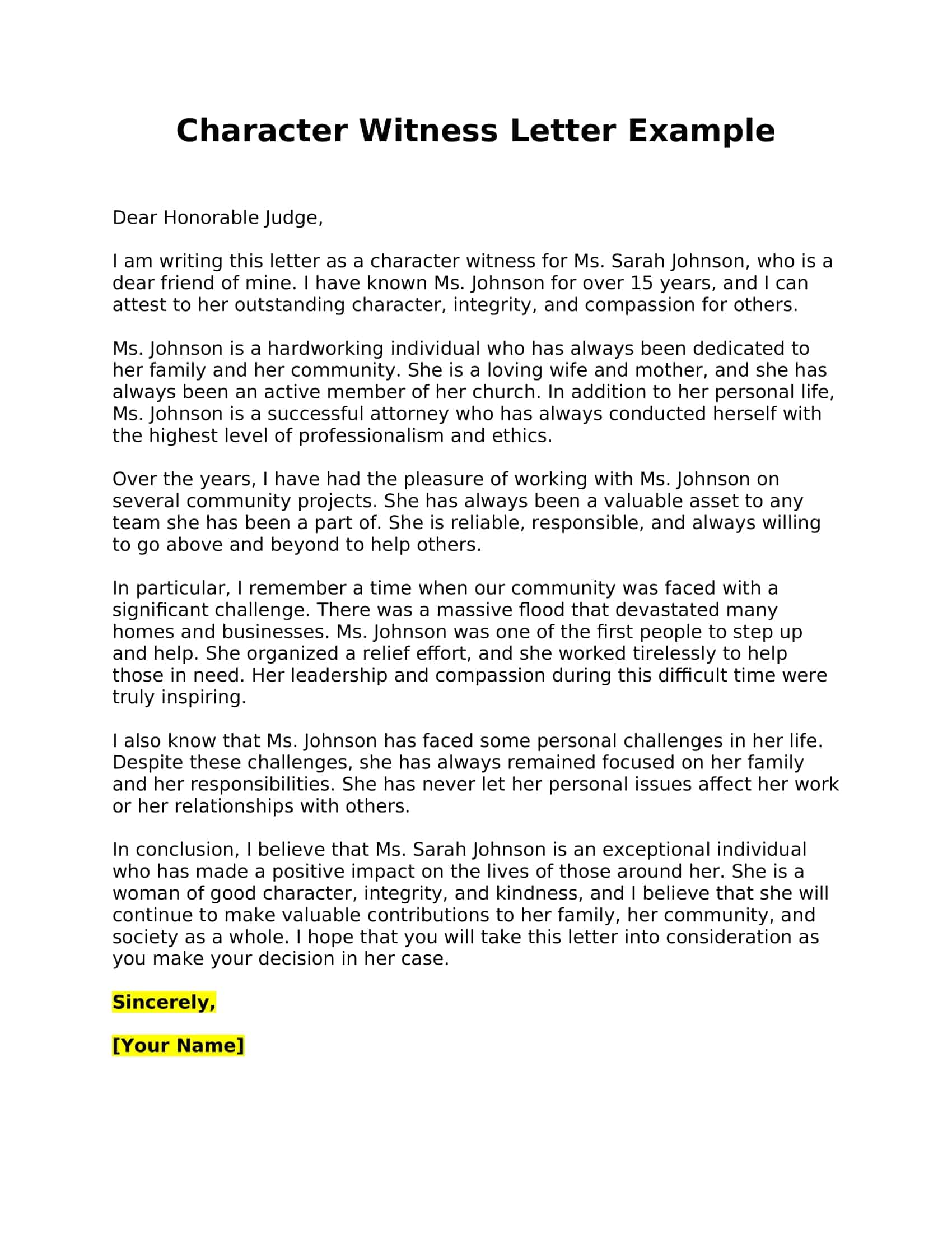 Free Printable Character Witness Letter Templates PDF Court Judge 