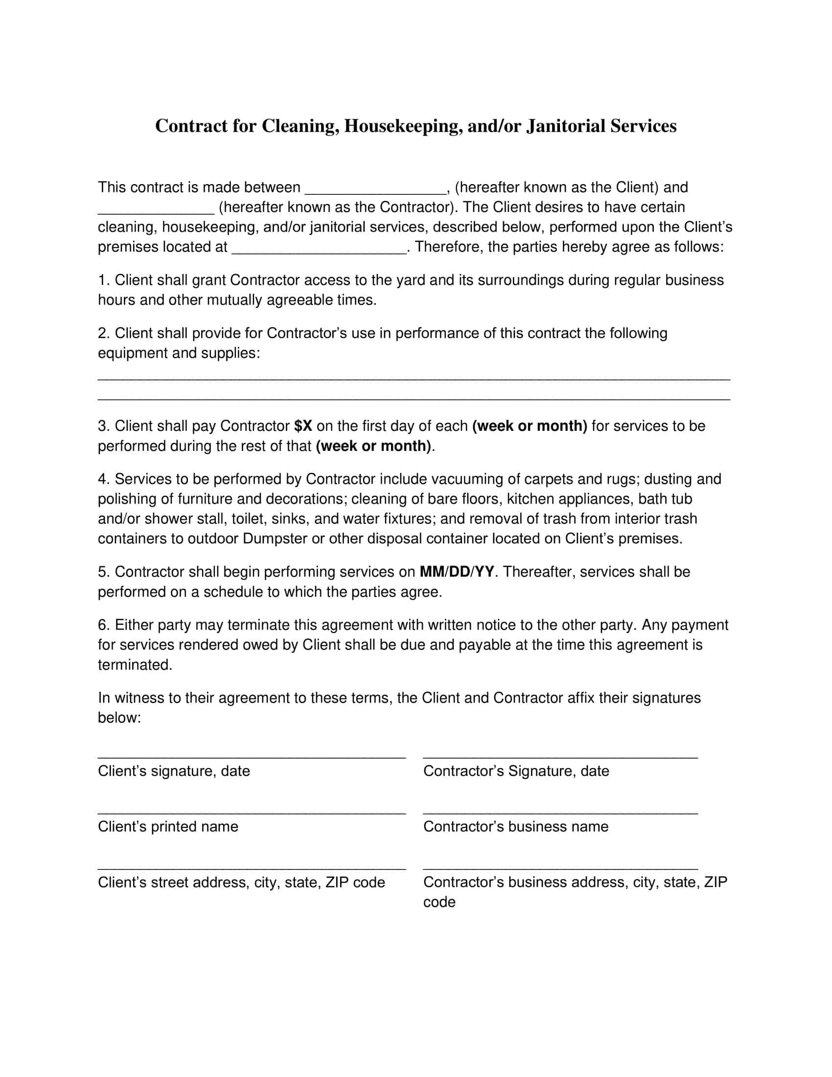 Free Printable Cleaning Contract Templates Word PDF 