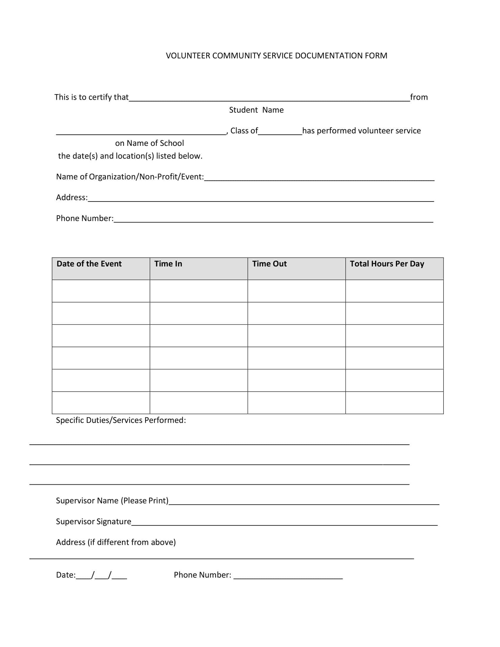 Free Printable Community Service Form Templates Word PDF 