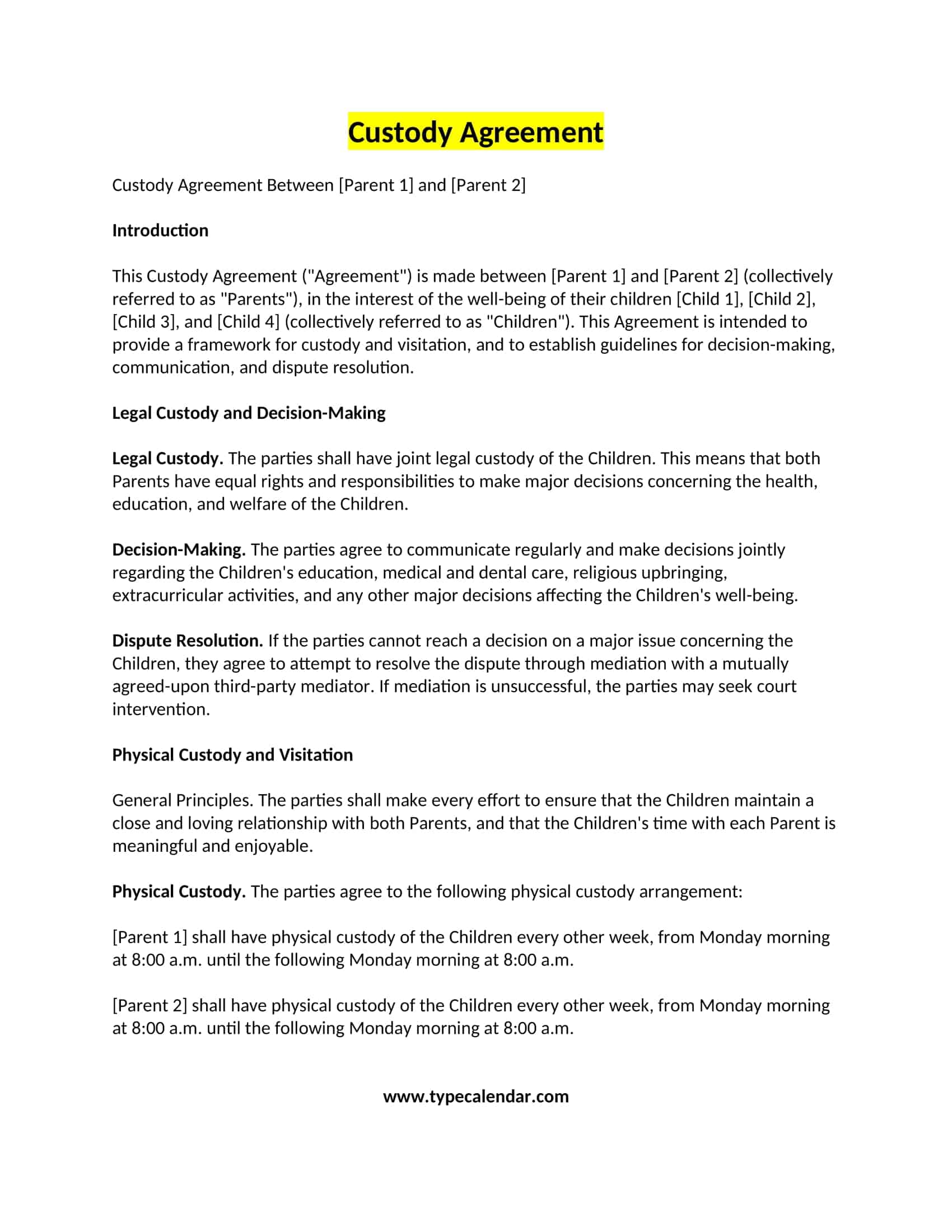 Free Printable Parenting Plan Templates PDF Excel 
