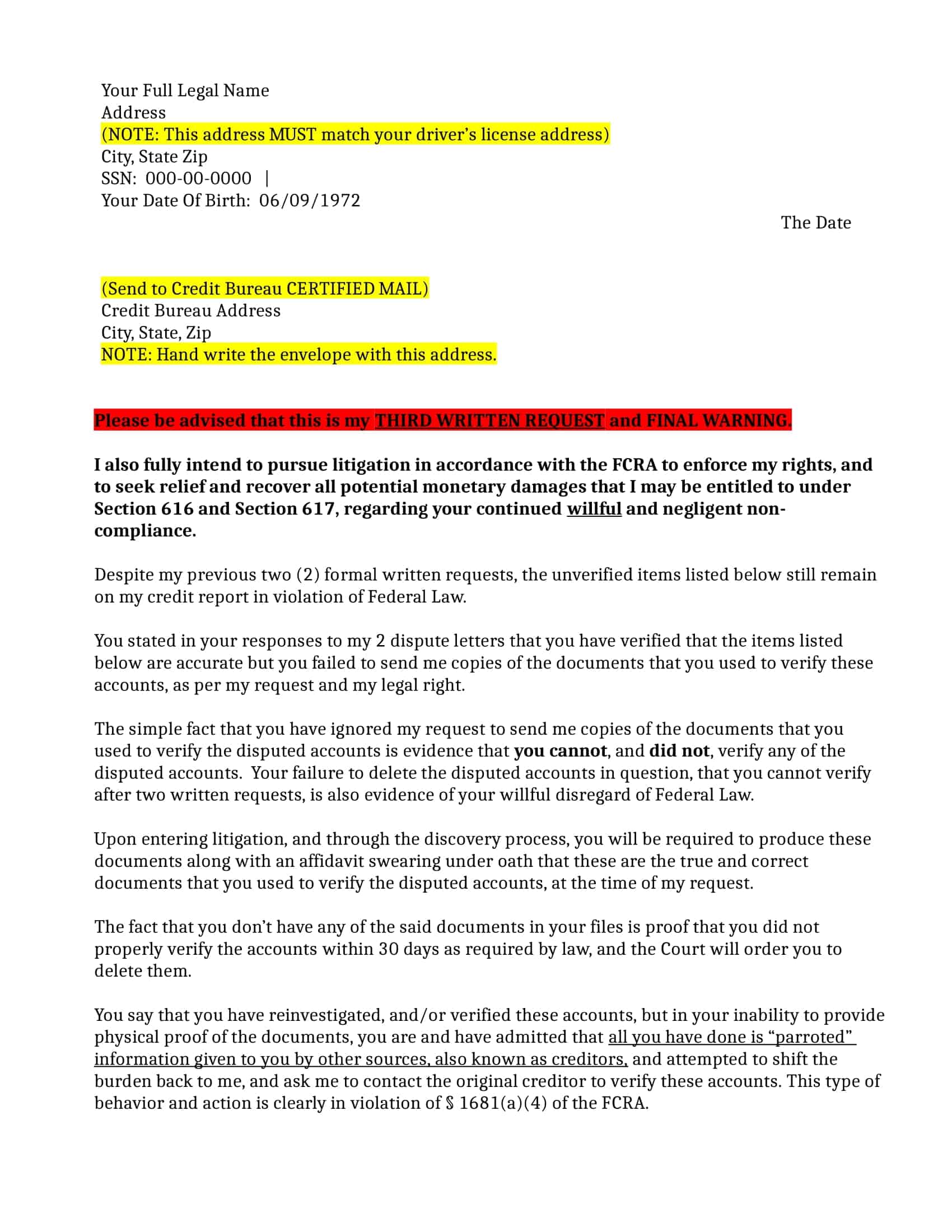 Free Printable Credit Dispute Letter Templates Form 609 PDF Word 