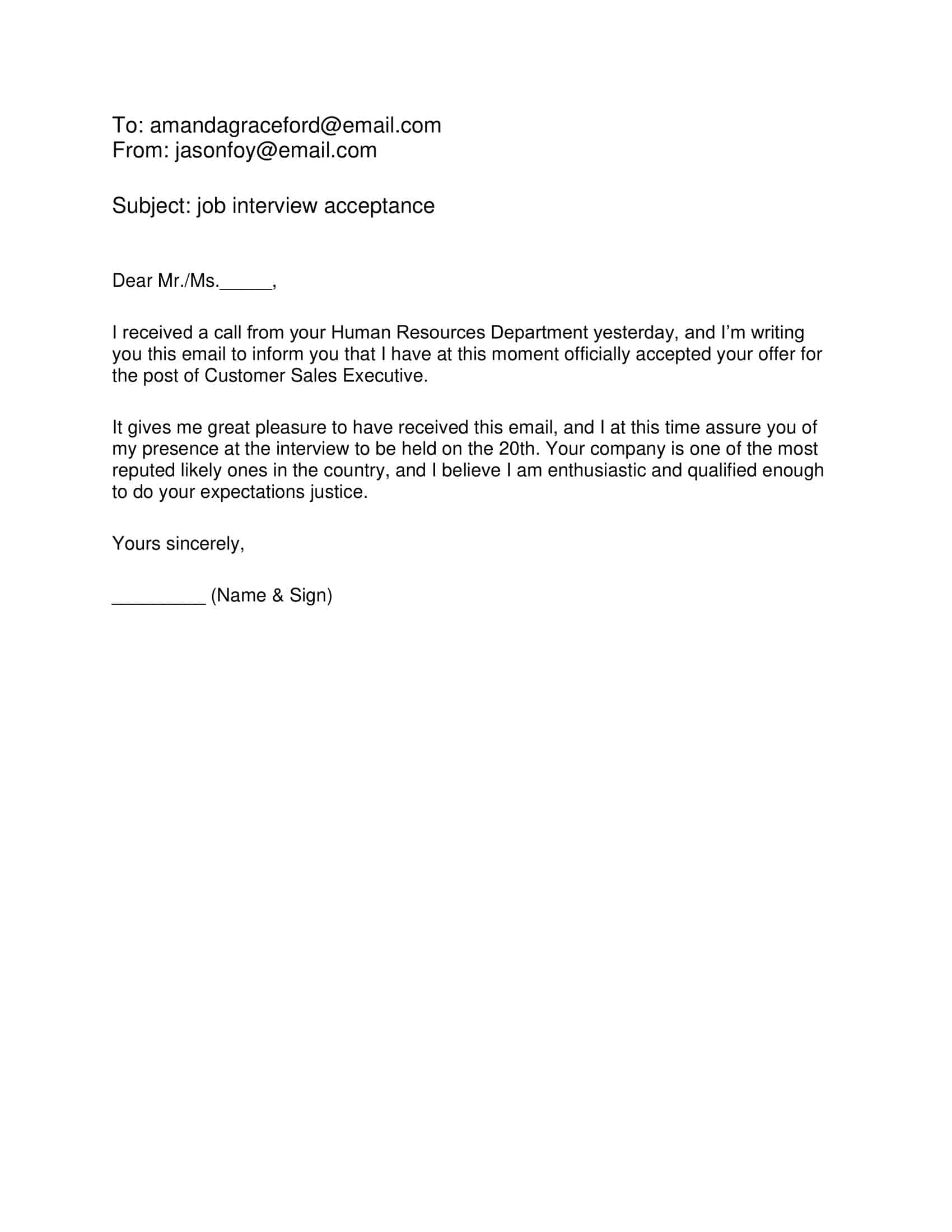 Free Printable Interview Acceptance Email Template Customize And Download 