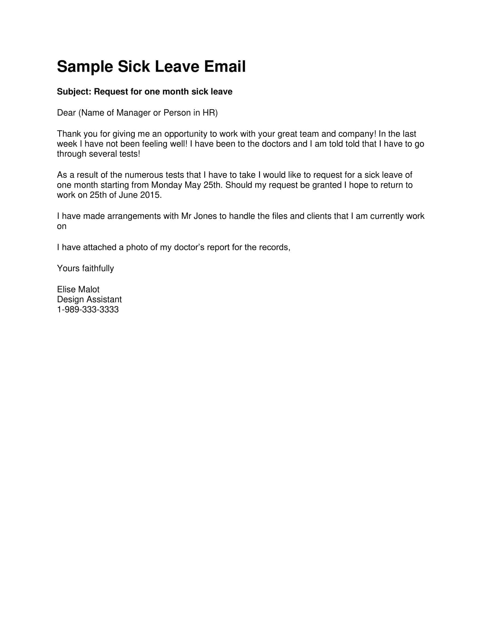 Free Printable Sick Leave Email Templates For Office One Day Example 