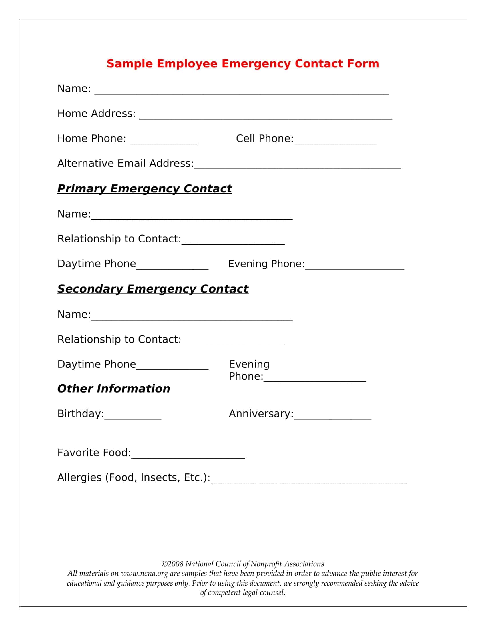 Employee Emergency Contact Information Sheet Employee Emergency Contact Information Sheet