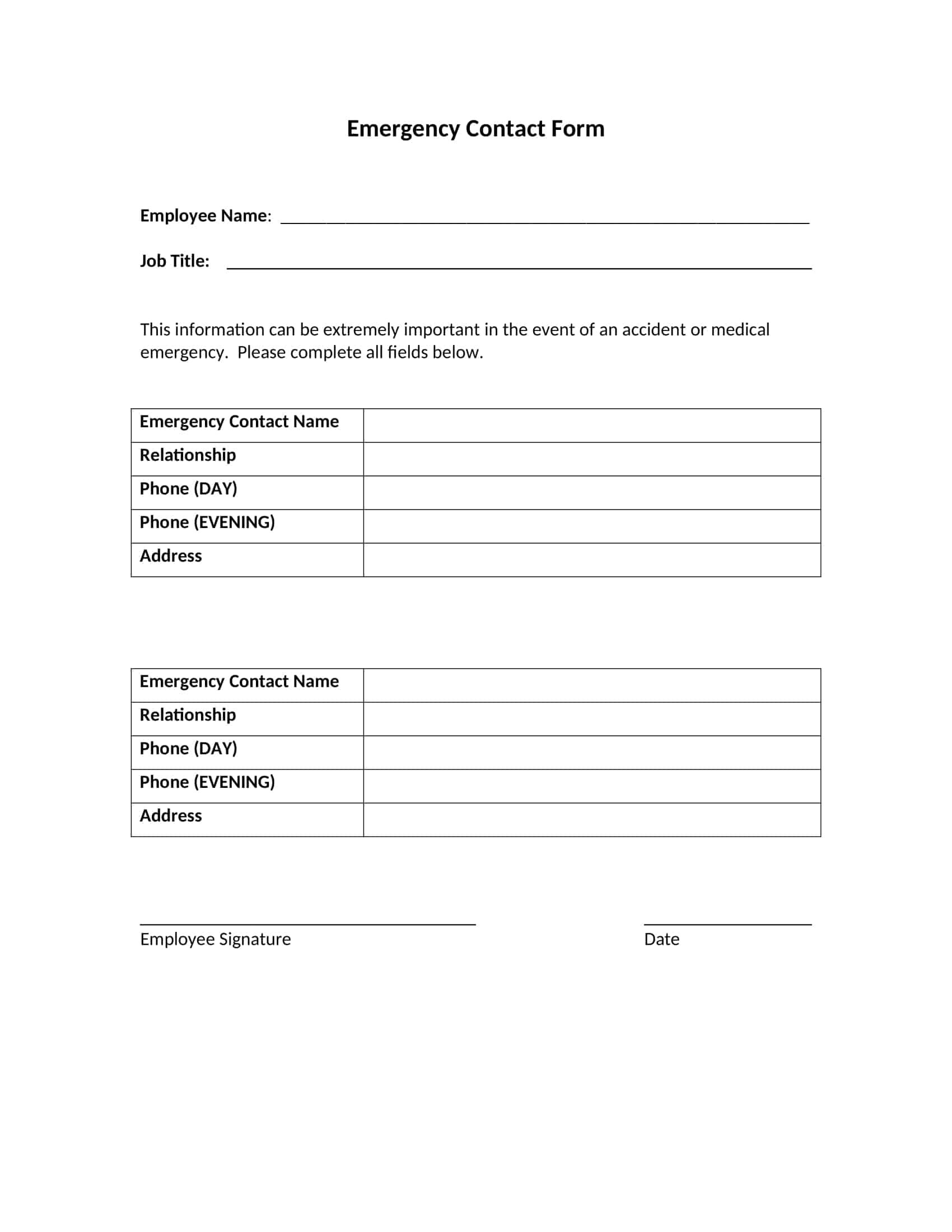 Free Printable Emergency Contact Form Templates for Employees PDF Word Free Printable Emergency Contact Form Templates for Employees PDF Word
